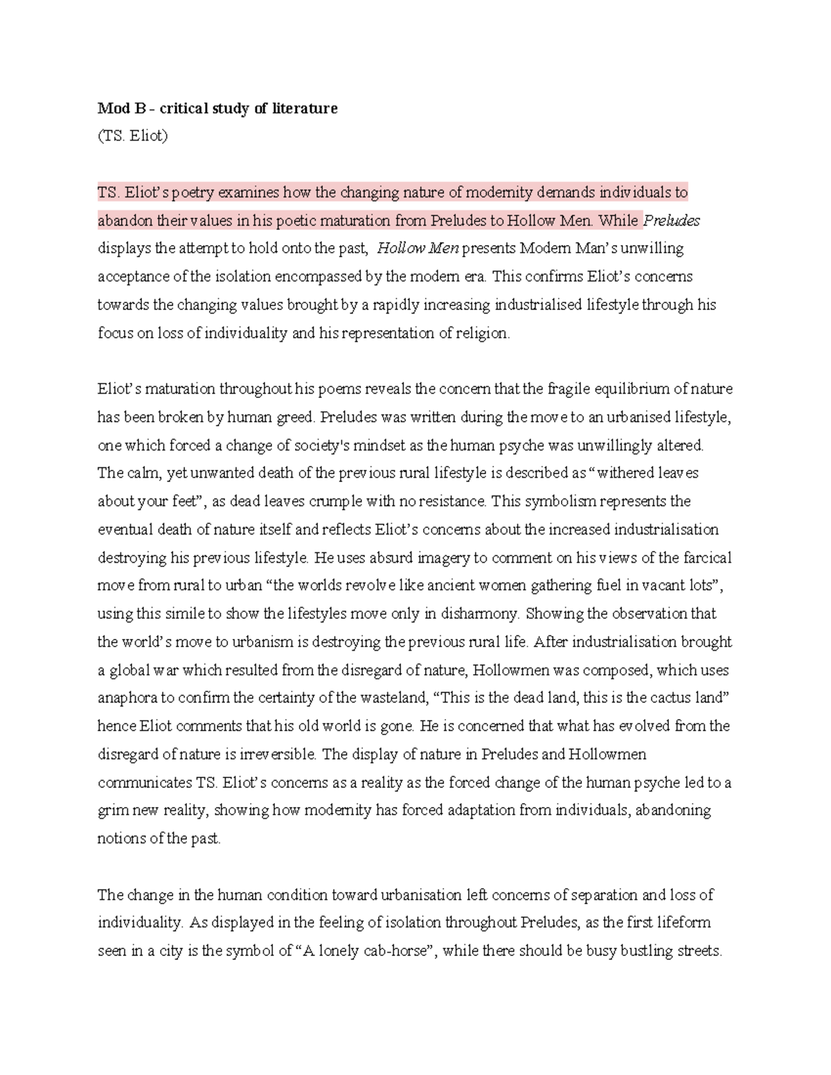 Mod B - critical study of literature - Eliot) TS. Eliot’s poetry ...