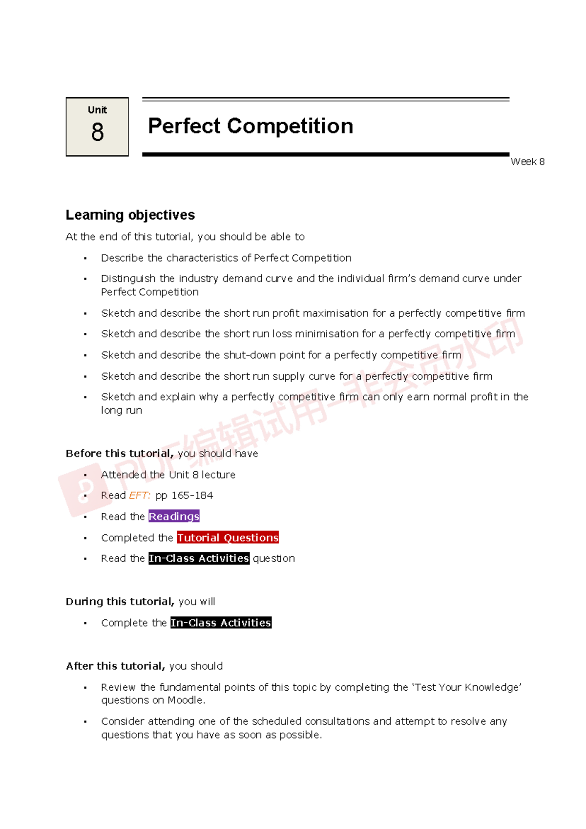 Unit 8 Perfect Competition Answers 加水印 - Unit 8 Perfect Competition Week 8 Learning objectives ...