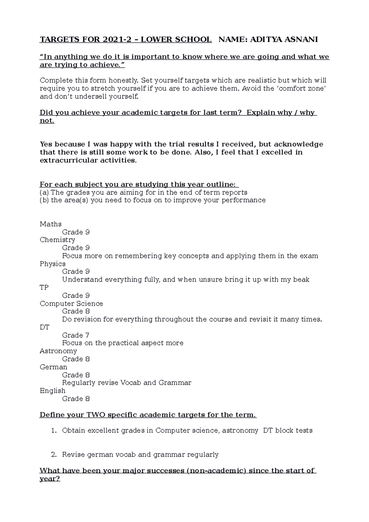 Lower School target form - TARGETS FOR 2021-2 – LOWER SCHOOL NAME ...