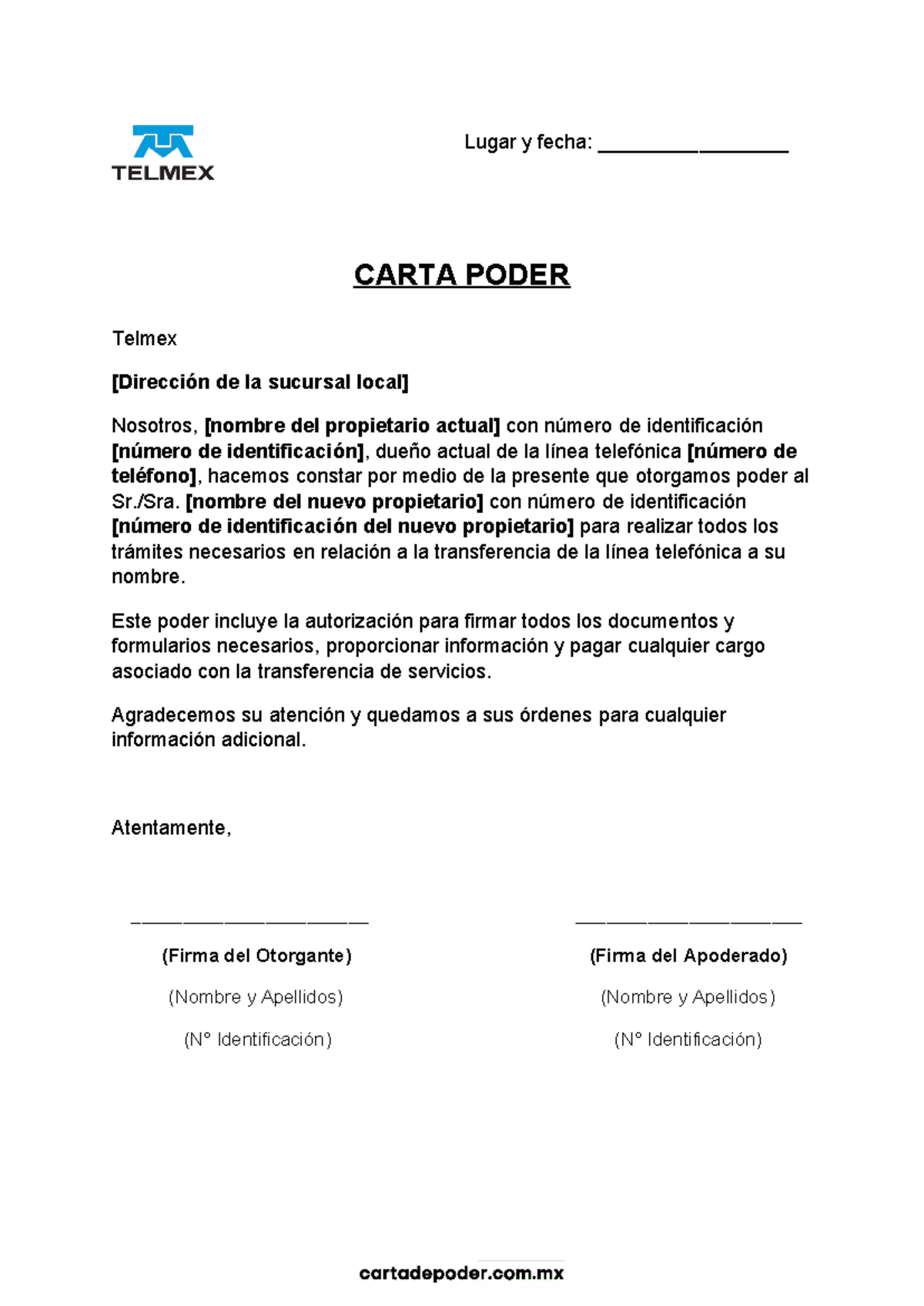 Carta poder para cambio de propietario de una linea telmex - Lugar y ...