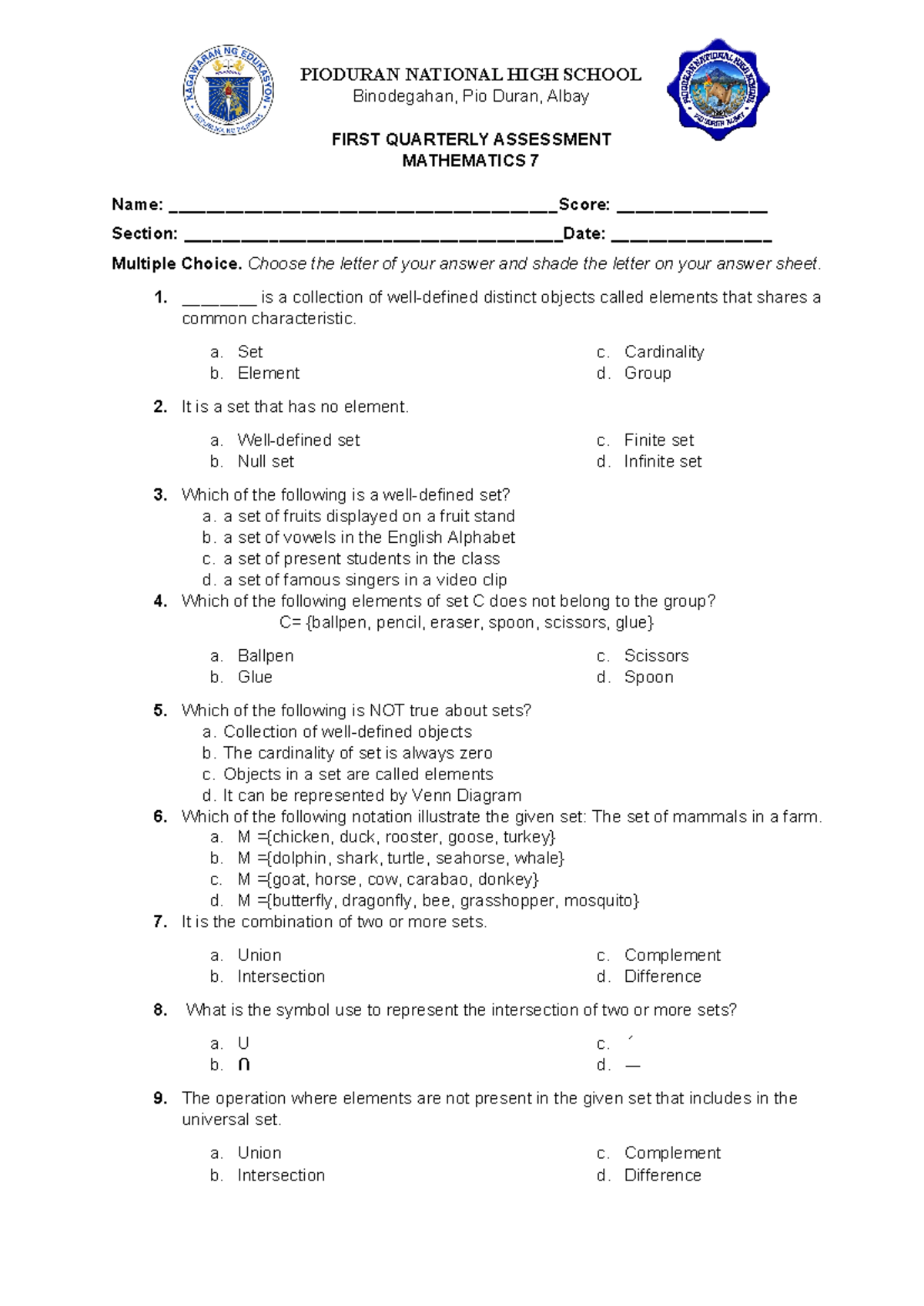 First Periodic Examination MATH 7 - PIODURAN NATIONAL HIGH SCHOOL ...
