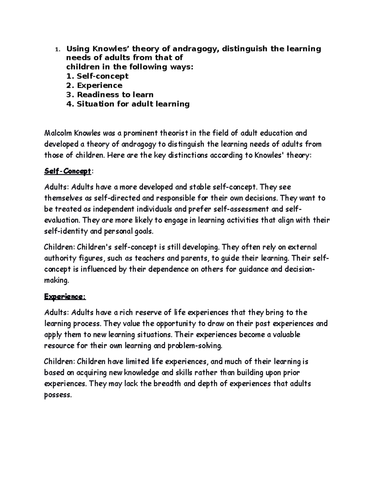 ED258 - Notes - Using Knowles’ theory of andragogy, distinguish the ...
