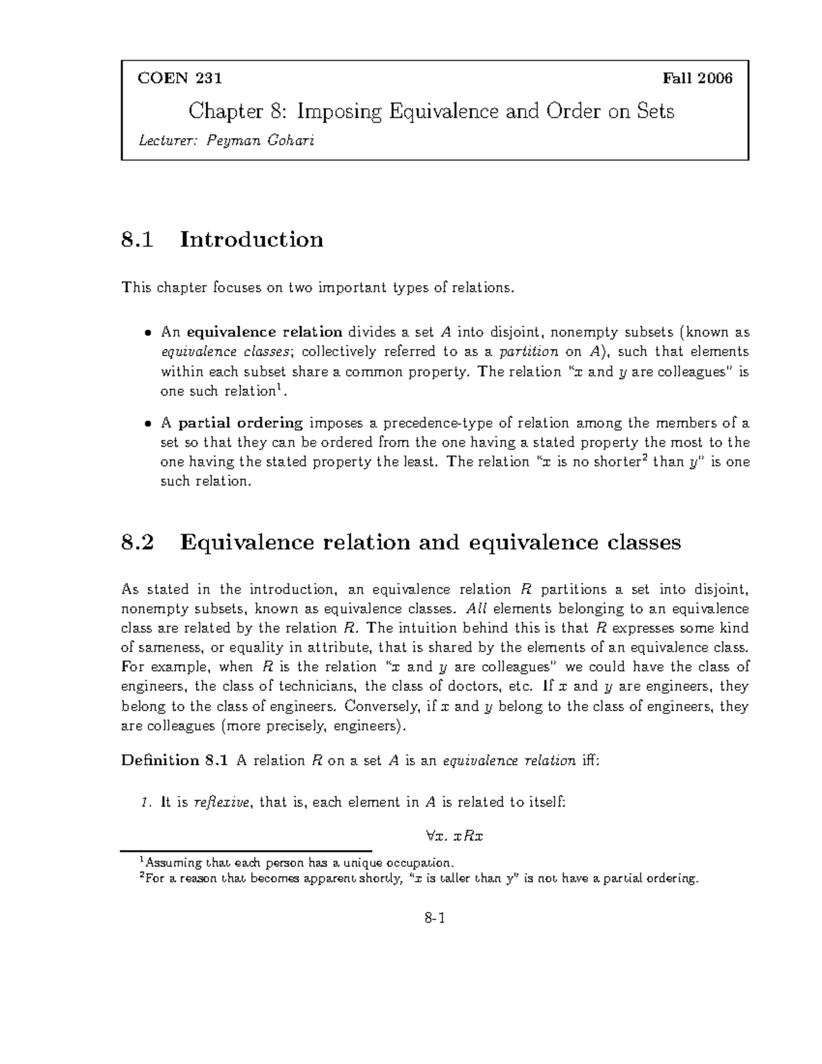 8 - COEN 231 chapter 8 - COEN 231 Fall 2006 Chapter 8: Imposing Equivalence and Order on Sets ...