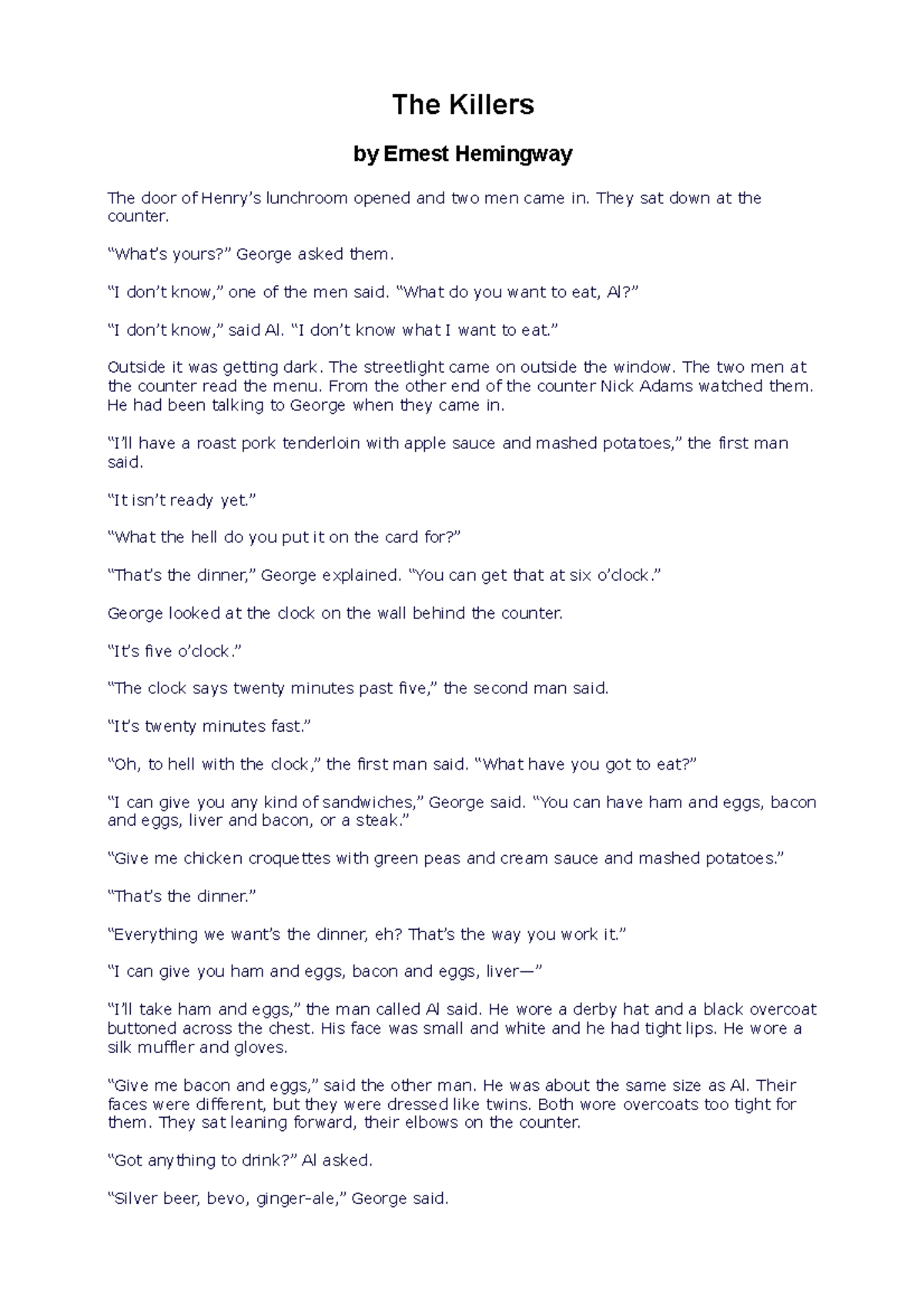 Ernest Hemingway The Killers - The Killers by Ernest Hemingway The door ...