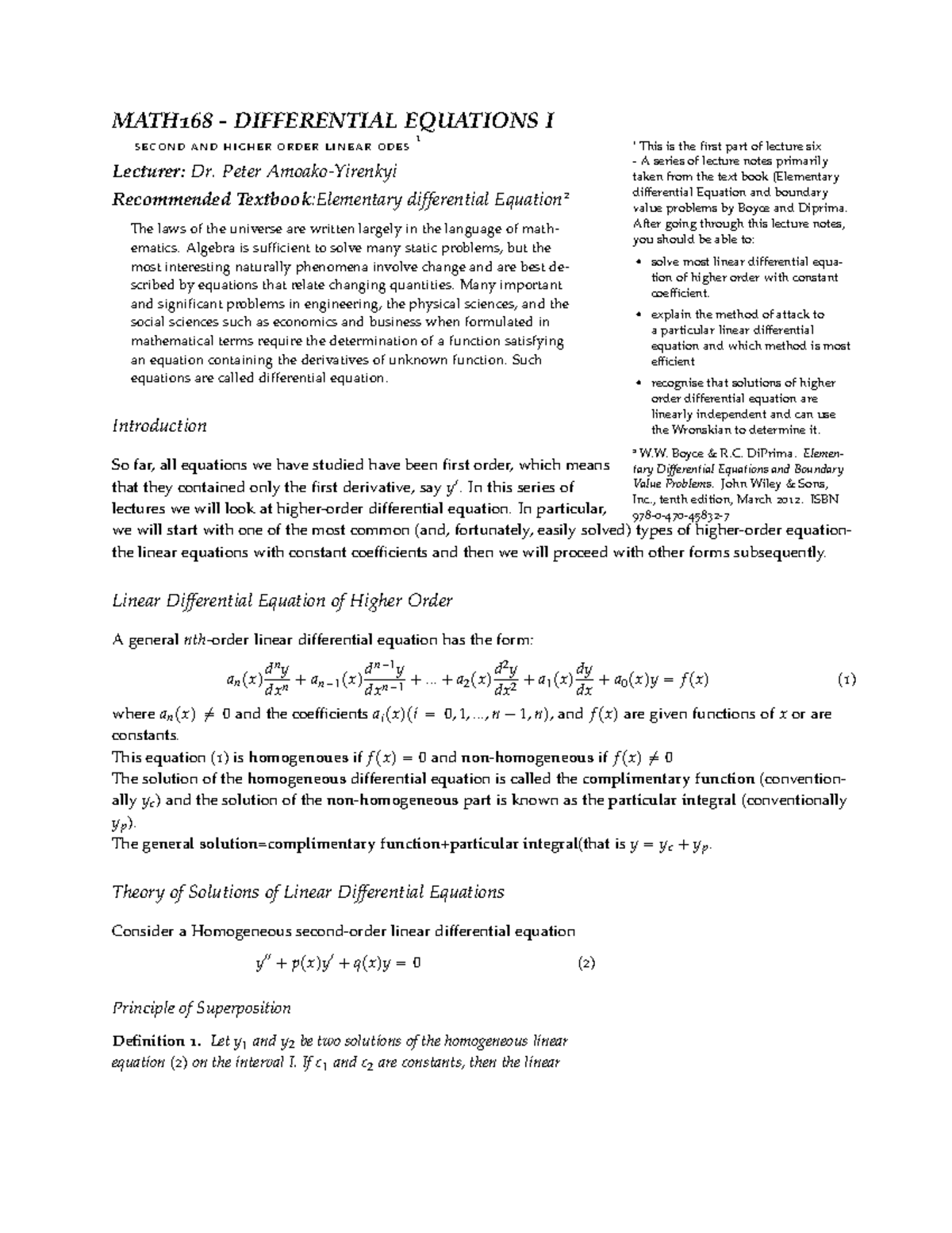 6 - presentation - MATH 168 - DIFFERENTIAL EQUATIONS I second and ...
