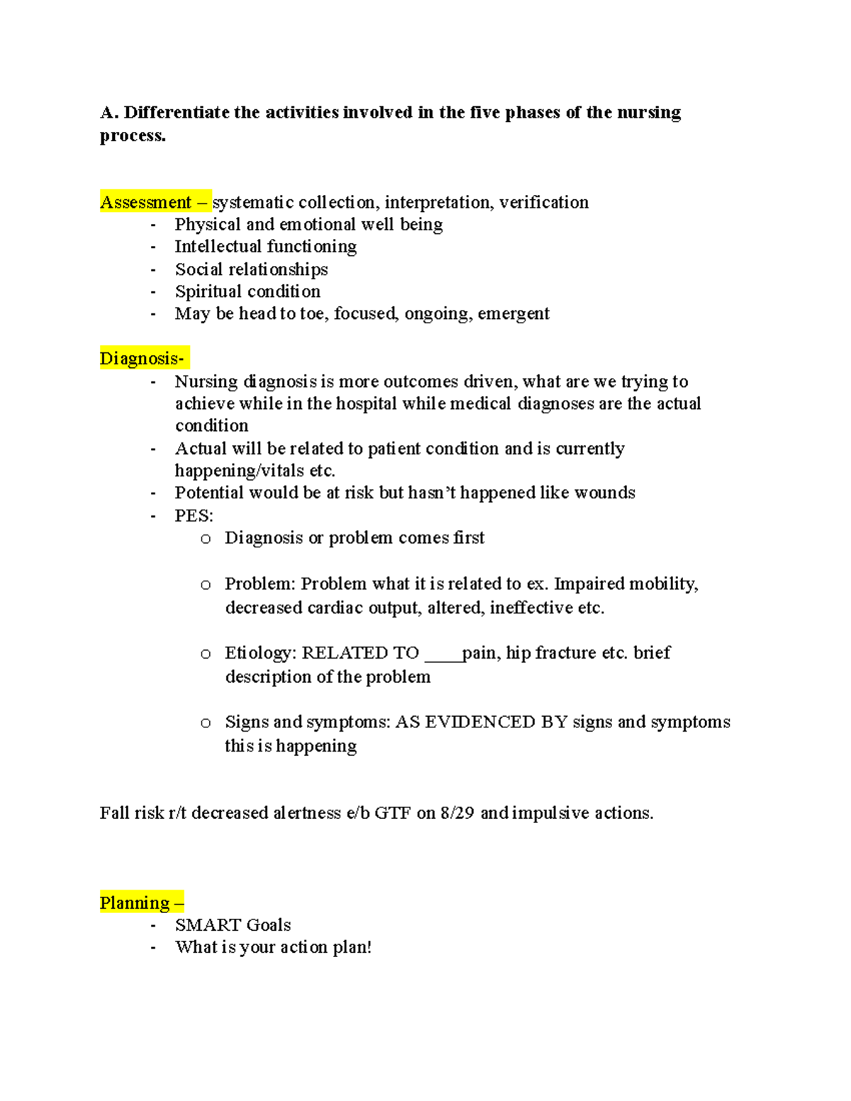 Learning Objectives - Nursing Process - A. Differentiate the activities ...