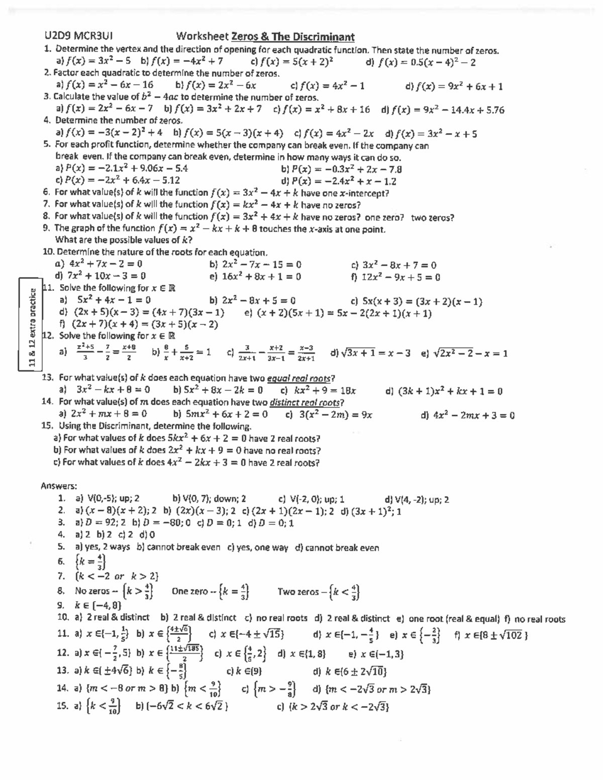 U2D9 Worksheet Solutions Zeros The Discriminant - U2D9MCR3UI ...