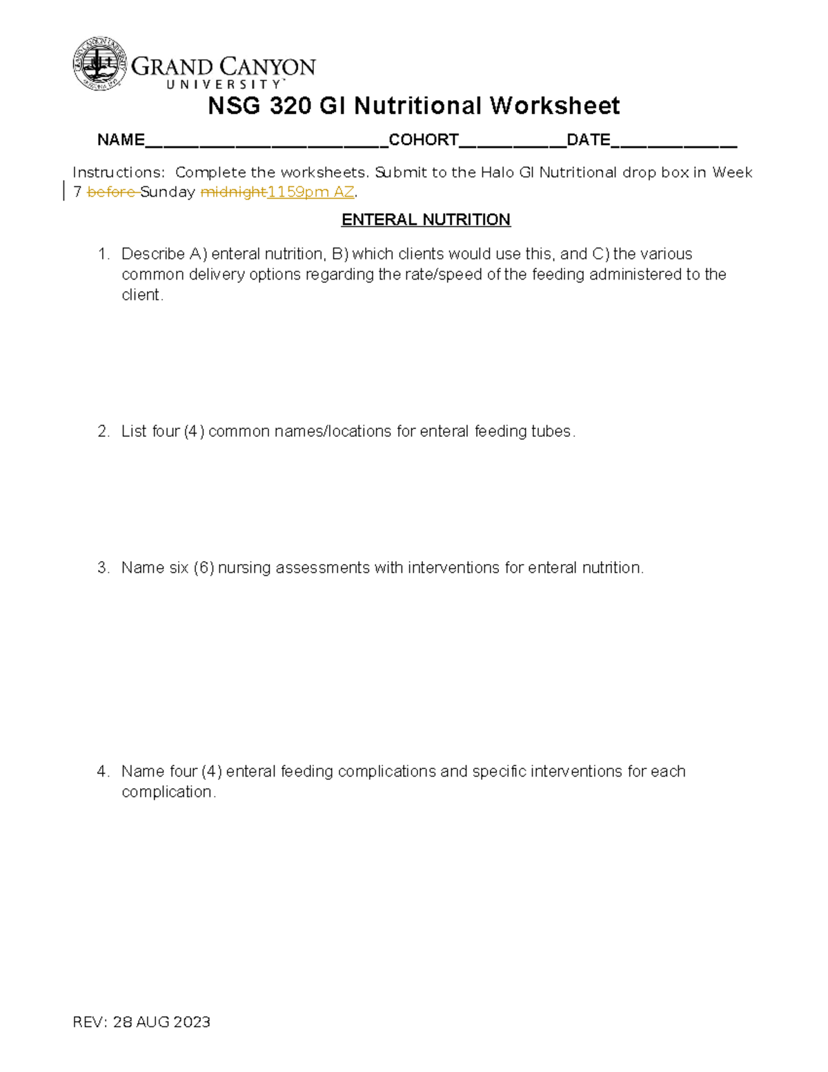 Assign NSG 320 Topic 7-8 GI Nutrition Worksheet- Student (TRAD ONLY ...