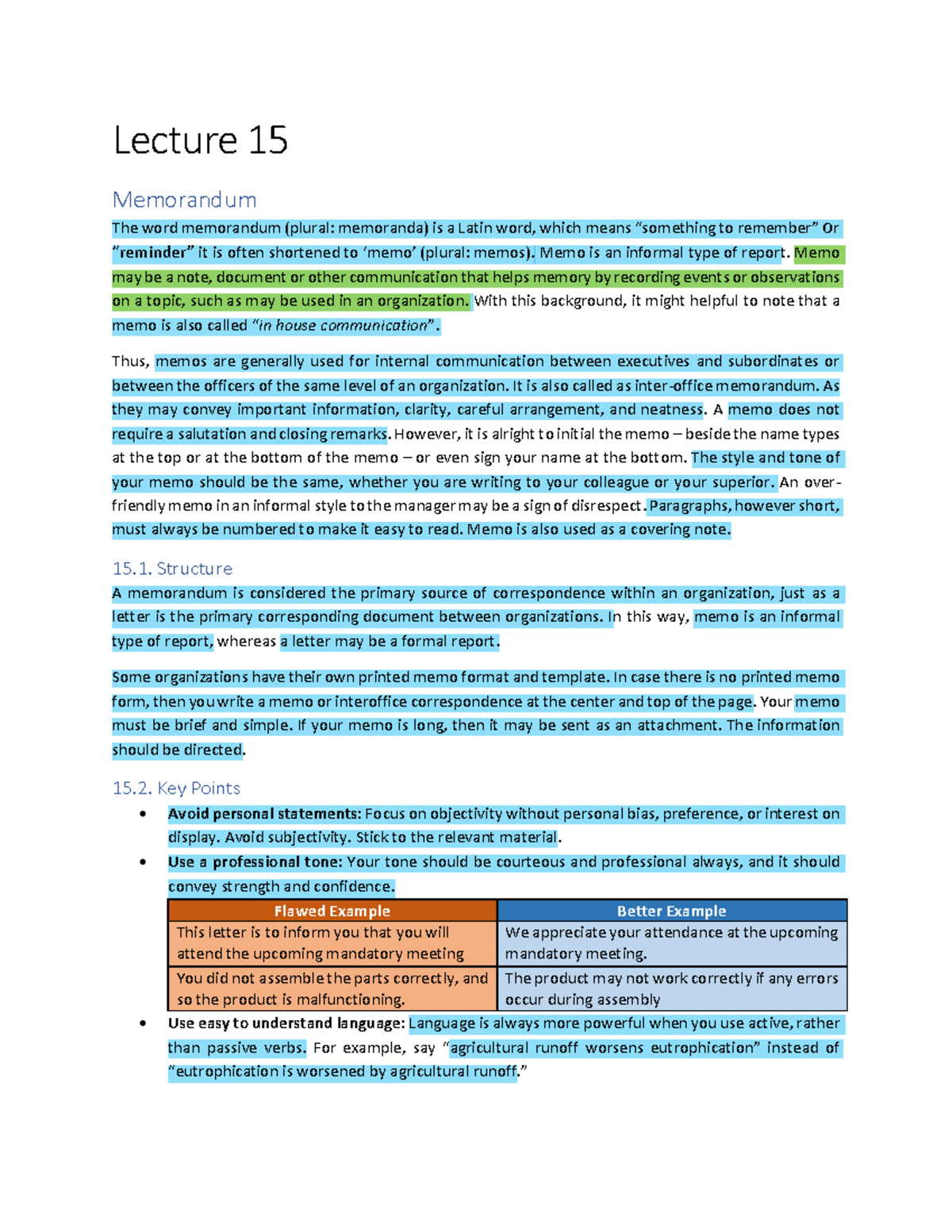 HUM102 Handouts Lecture 15 - Lecture 15 Memorandum The word memorandum ...