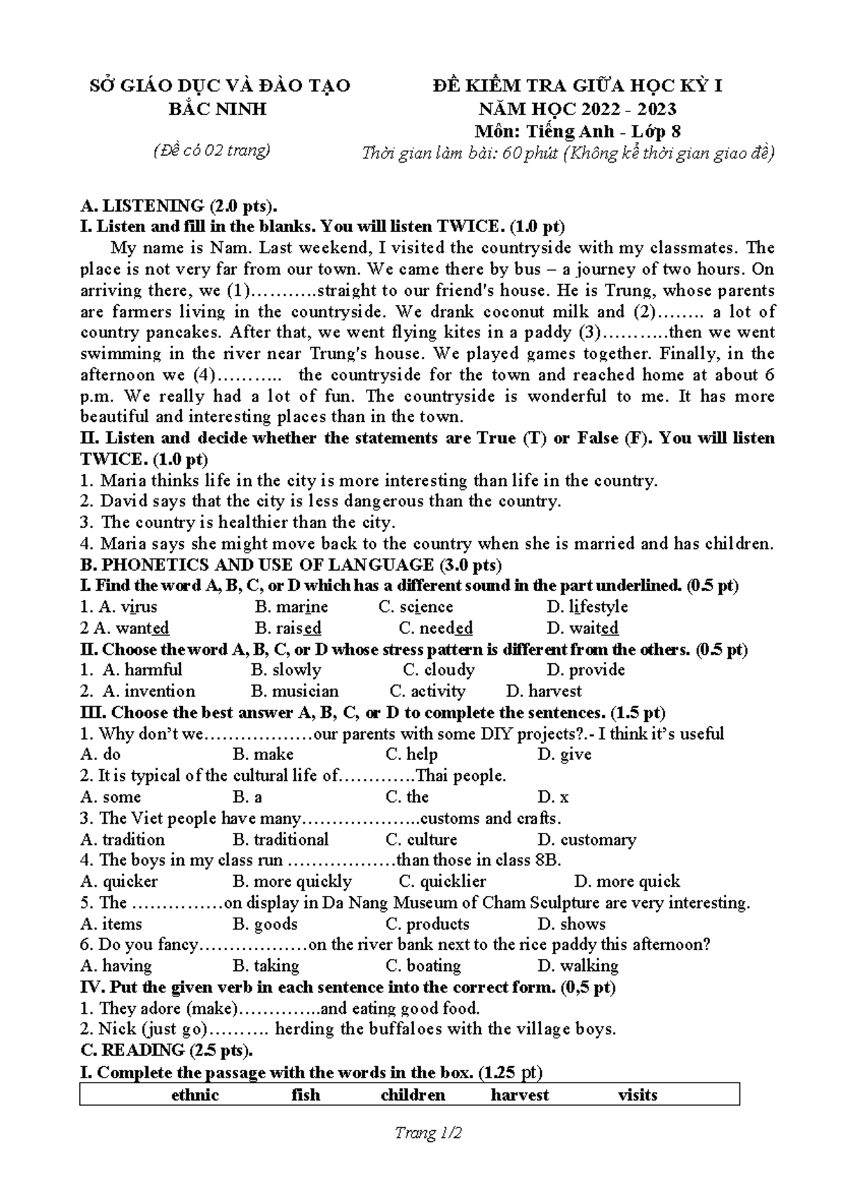 Tailieuxanh de thi giua hoc ki 1 mon tieng anh lop 8 nam 2022 2023 so gd dt bac ninh 7873 - SỞ ...