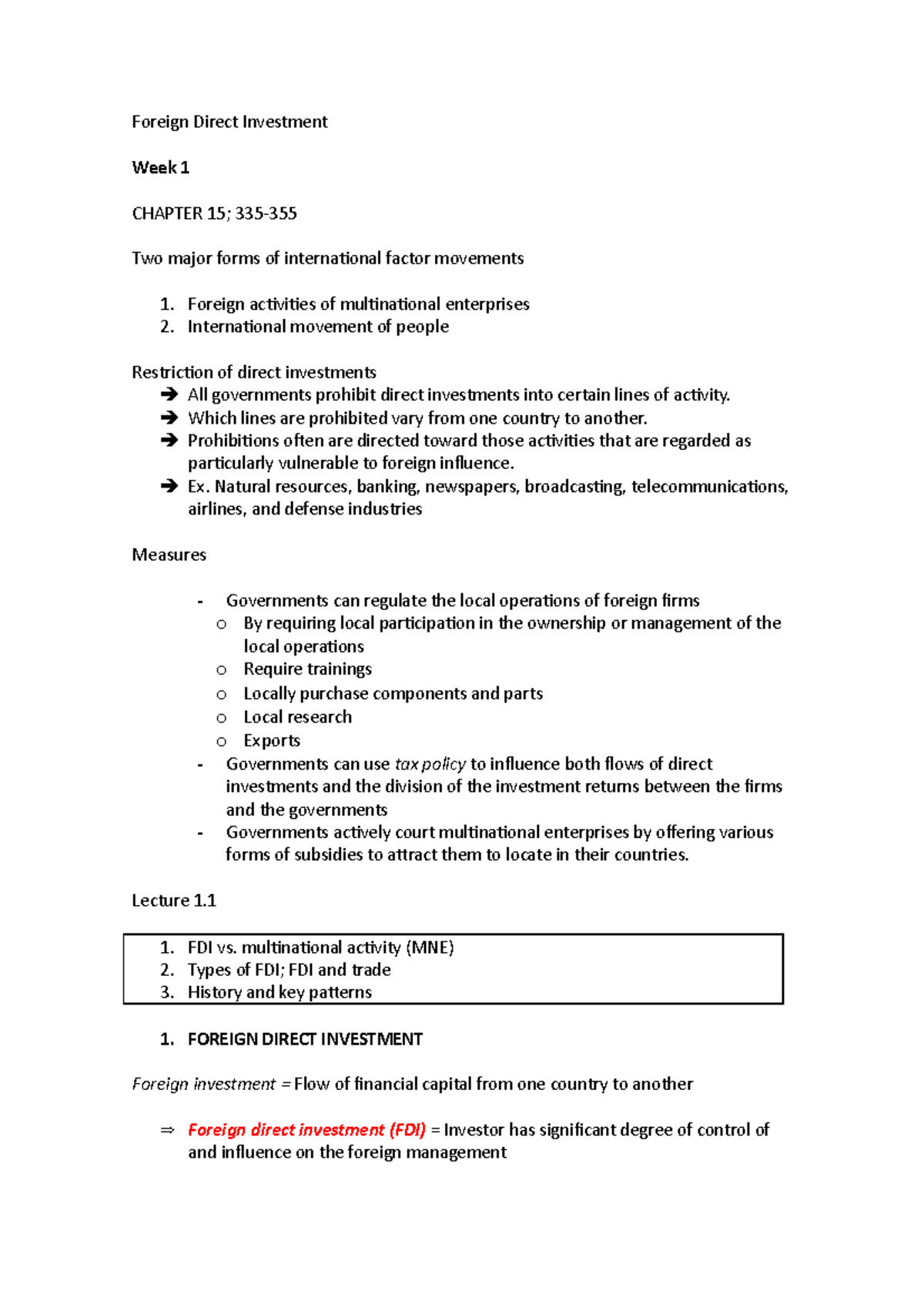 Notes FDI - summary of lectures of fdi - Foreign Direct Investment Week ...