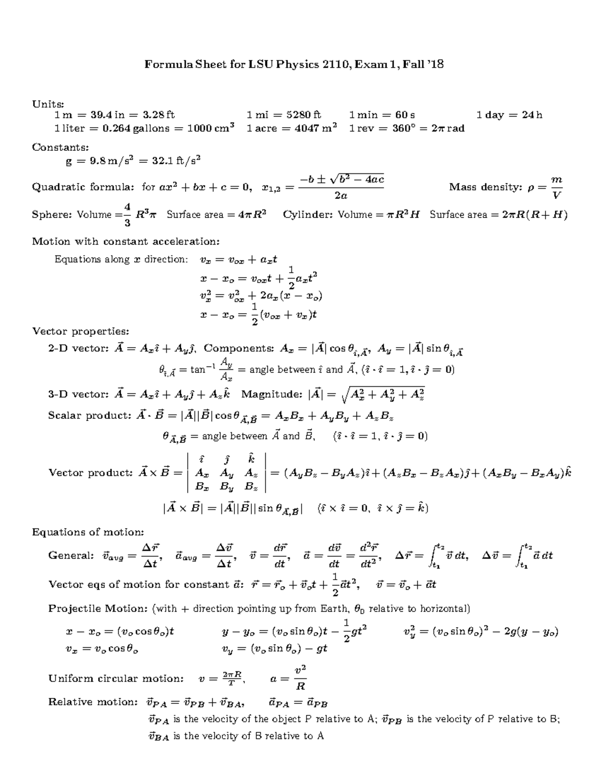 Formula Sheet Exam1 Units 1 M 39 In 3 Ft 1 Mi 5280 Ft 1 Min