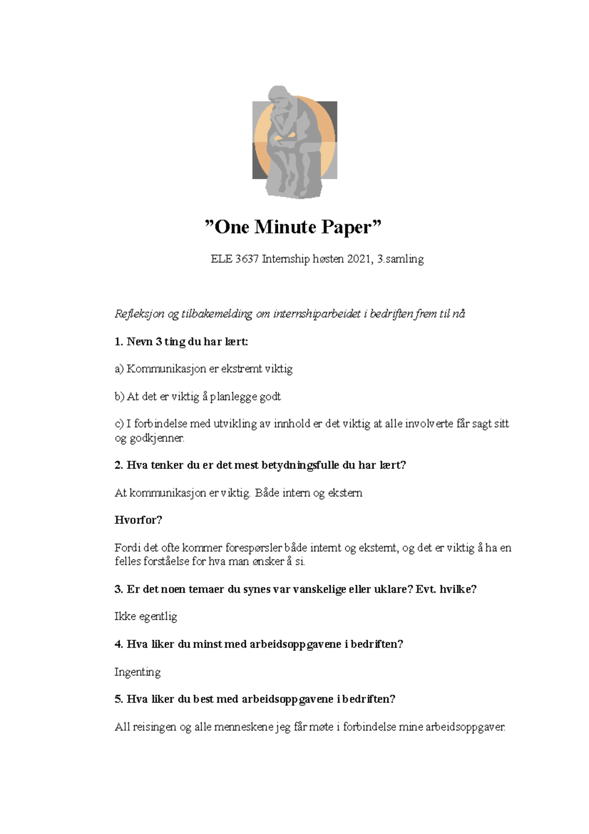 One Minute Paper - Oppgavetekst - ”One Minute Paper” ELE 3637 ...