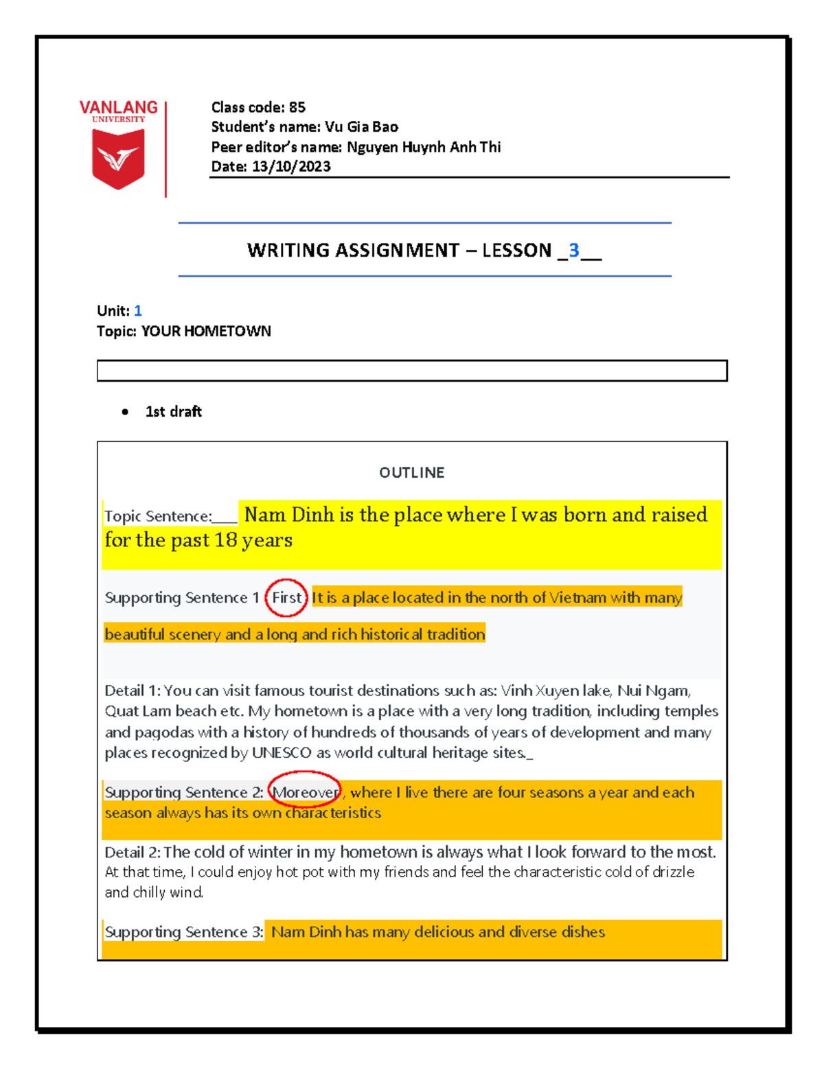 Writing assignment 1 - UNIT 1 - Lesson 3-Vu Gia Bao - 2374802010 048 ...