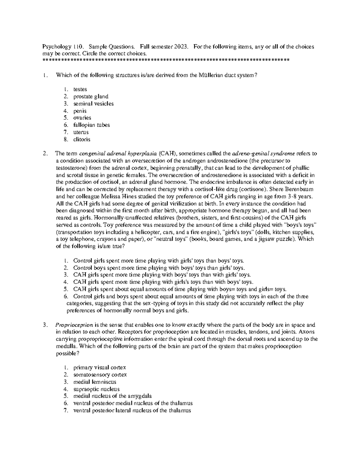 PSYC 110, Sample Exam Questions 2023 - Psychology 110. Sample Questions ...