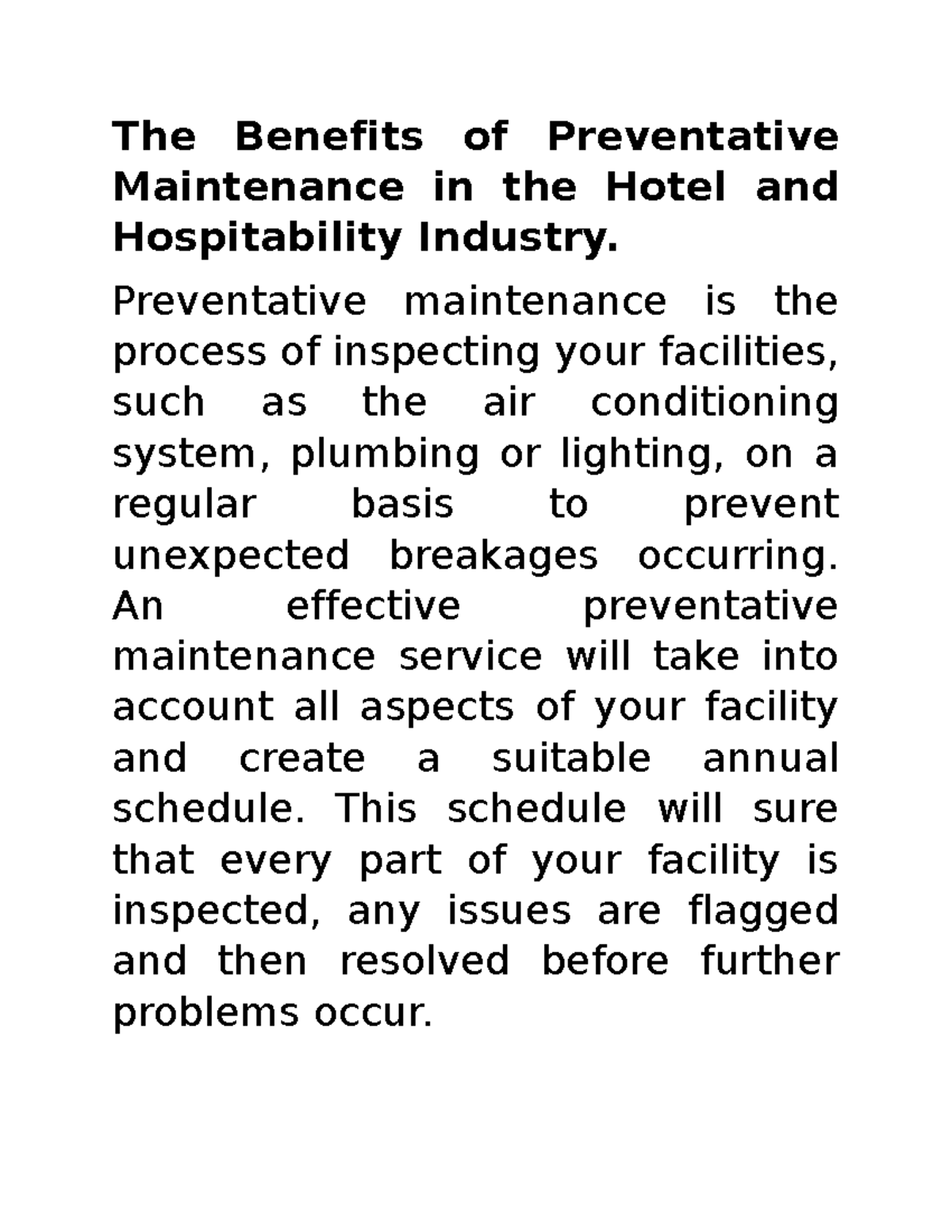To be printed as Visual aid - The Benefits of Preventative Maintenance ...