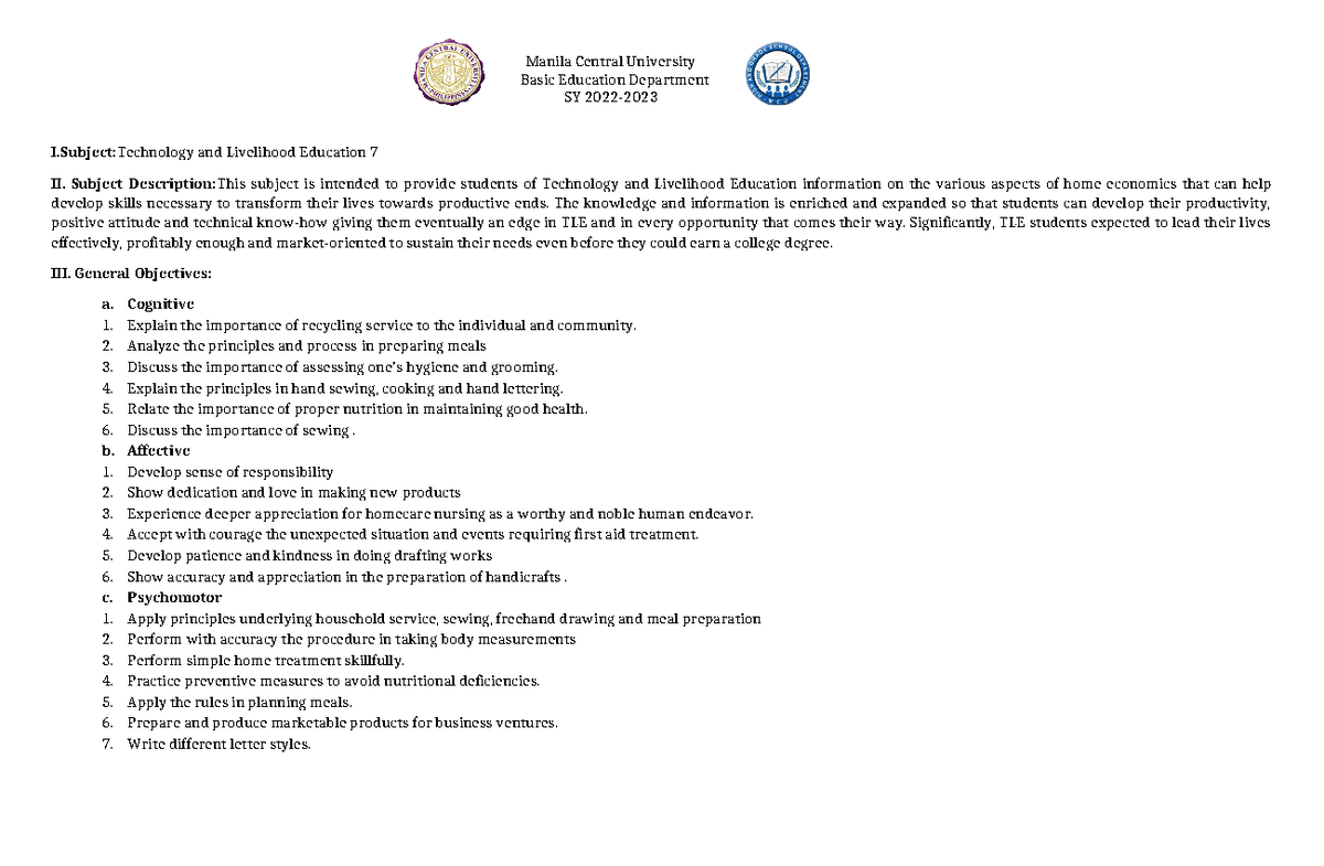 TLE 7 Syllabus 2022-2023 - Manila Central University Basic Education ...