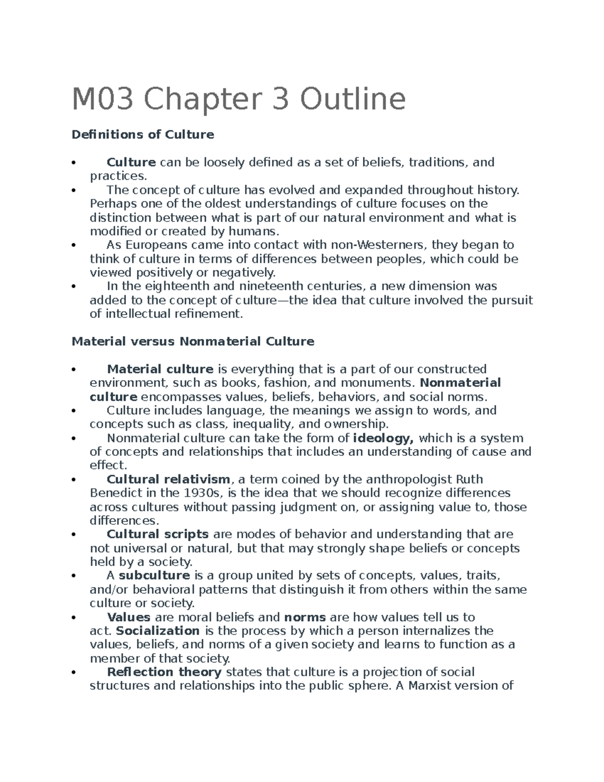 M03 Chapter 3 Outline - M03 Chapter 3 Outline Definitions of Culture ...