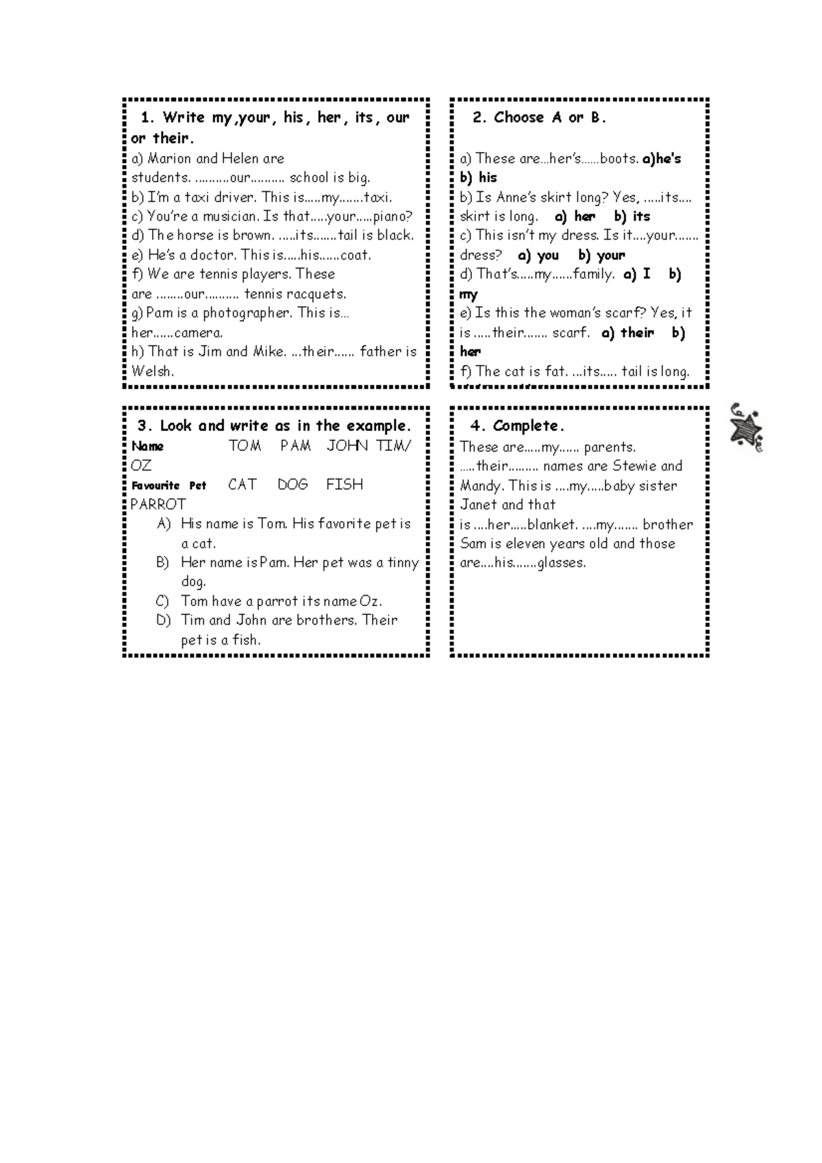 Possessives adjectives worksheet 1 complete - 1. Write my,your, his ...