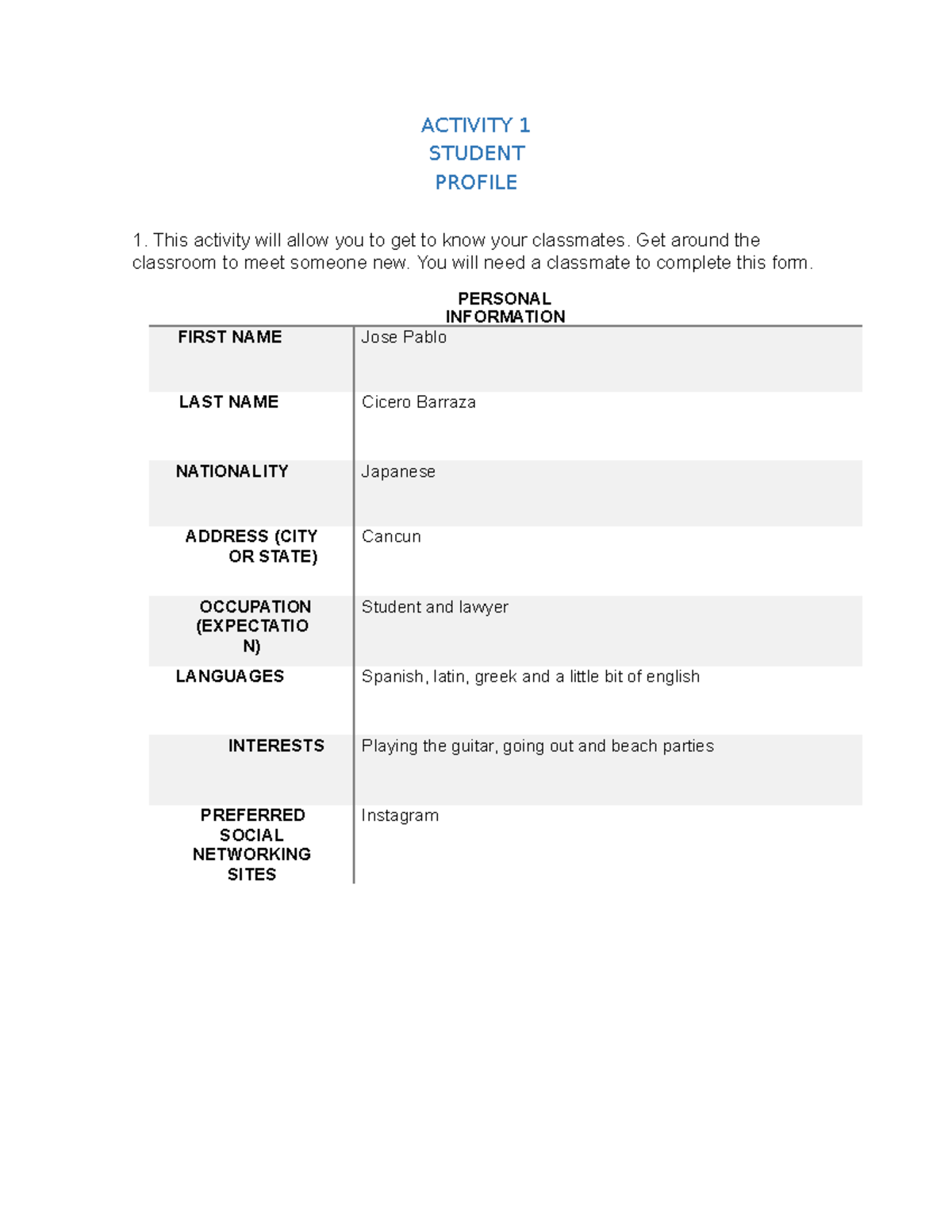 Resource activity 1 - ACTIVITY 1 STUDENT PROFILE 1. This activity will ...