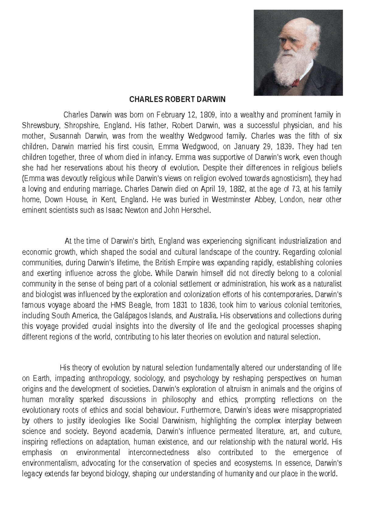 Charles Robert Darwin - CHARLES ROBERT DARWIN Charles Darwin was born ...