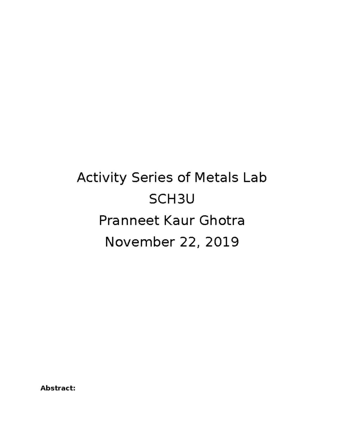 Activity Series of Metals Lab - Activity Series of Metals Lab SCH3U ...