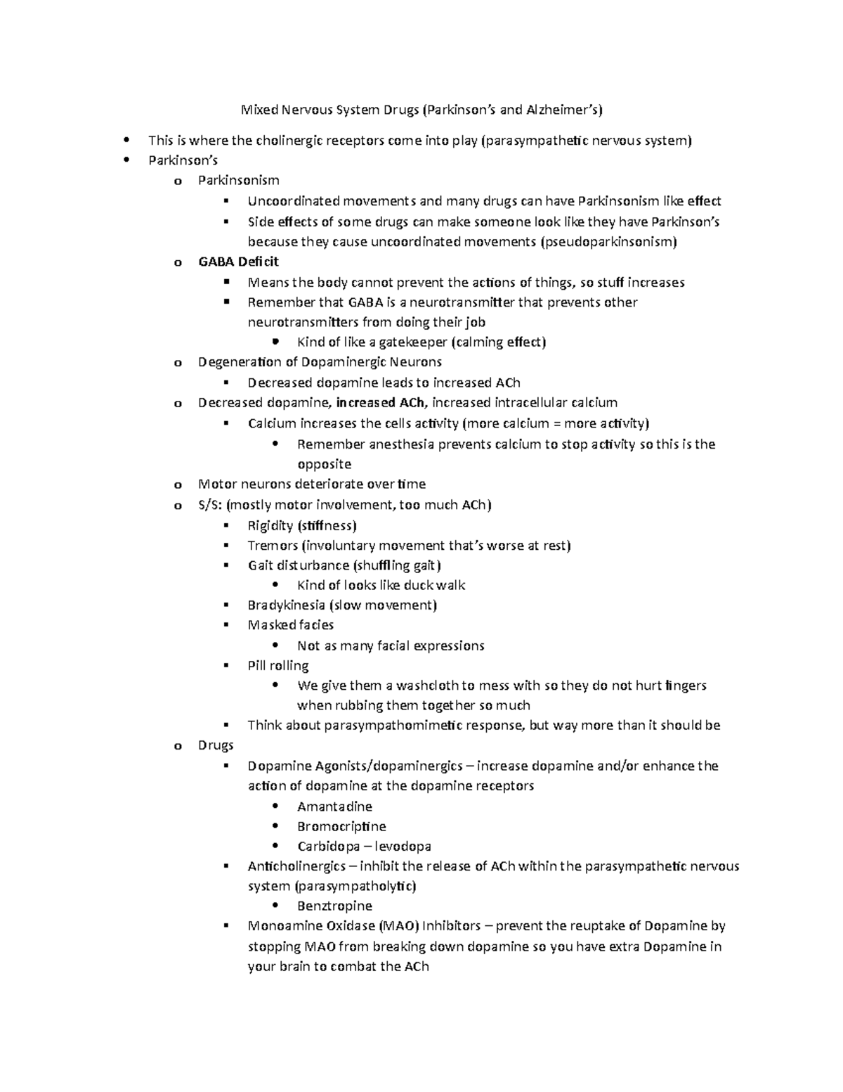 Mixed nervous system drugs notes - Mixed Nervous System Drugs ...