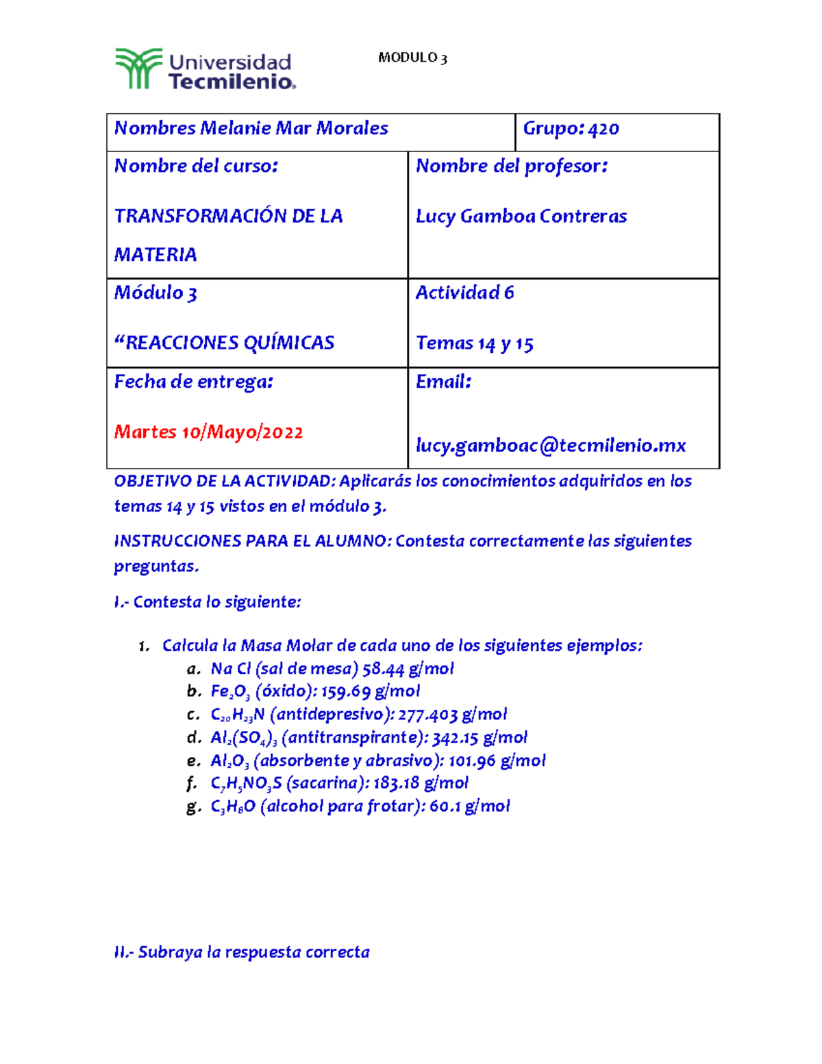Actividad 6 Reacciones Quimicas 2022 - Nombres Melanie Mar Morales ...