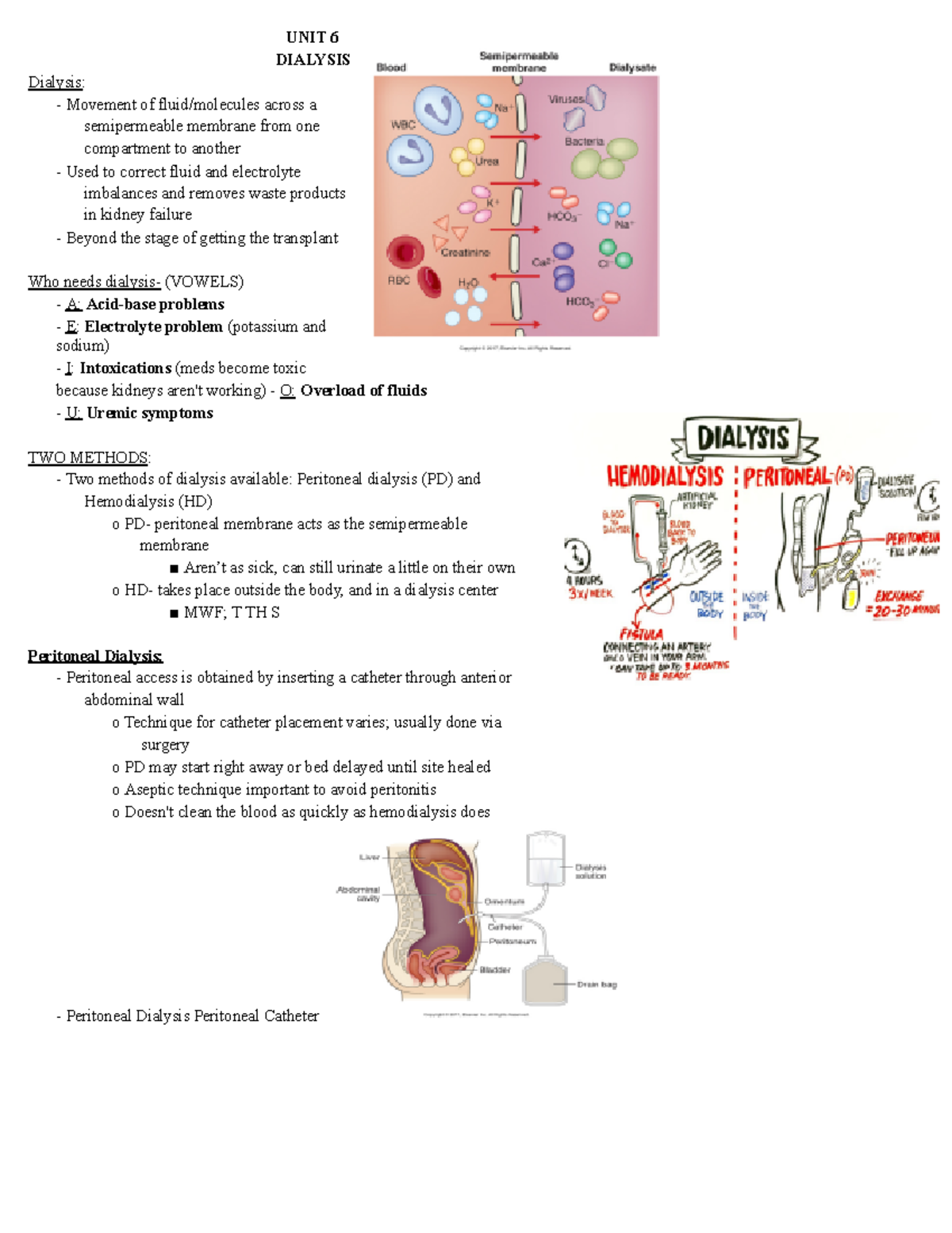 Dialysis Lecture Notes - UNIT 6 DIALYSIS Dialysis: - Movement of fluid ...