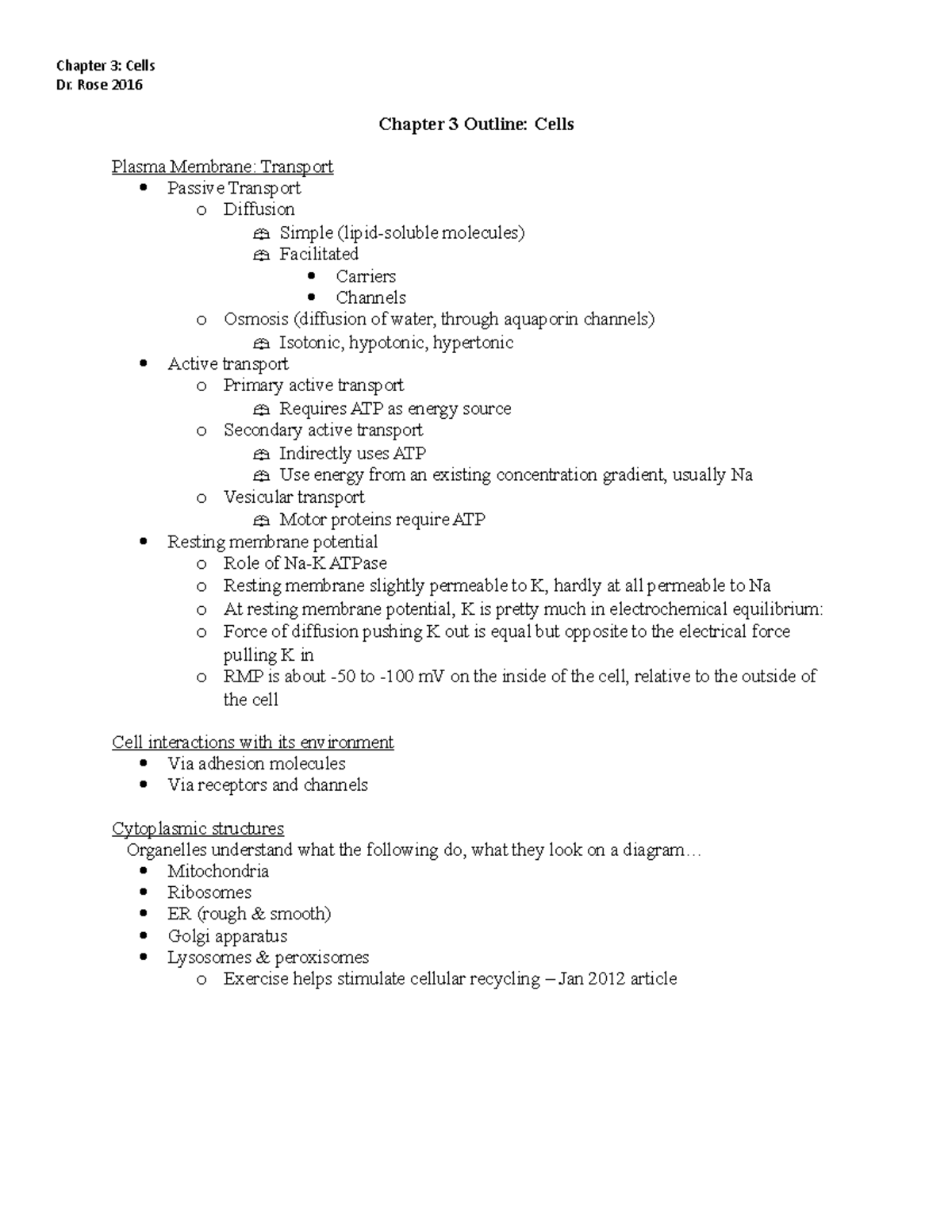 Ch 3-Cells Outline - Chapter 3: Cells Dr. Rose 2016 Chapter 3 Outline ...