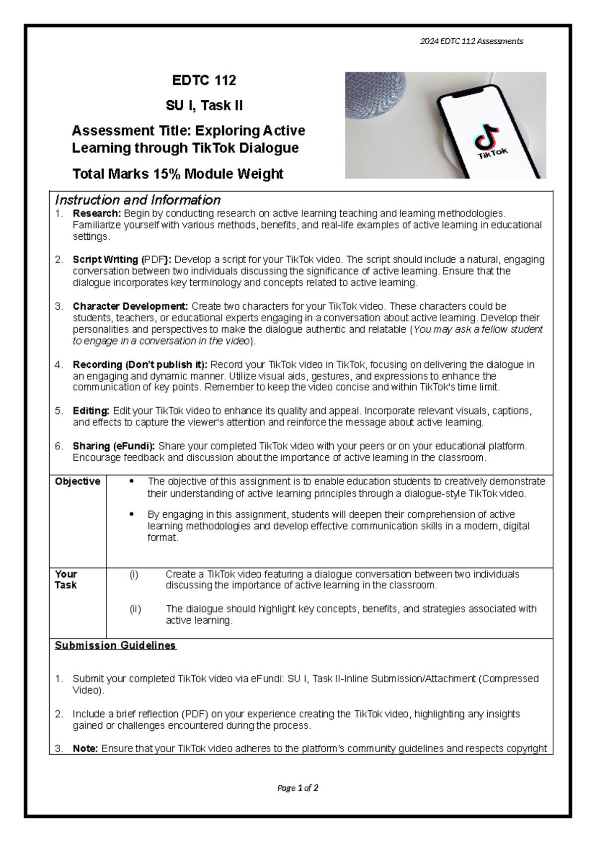SU I Task II 15 v1.1 - 2024 EDTC 112 Assessments EDTC 112 SU I, Task II ...