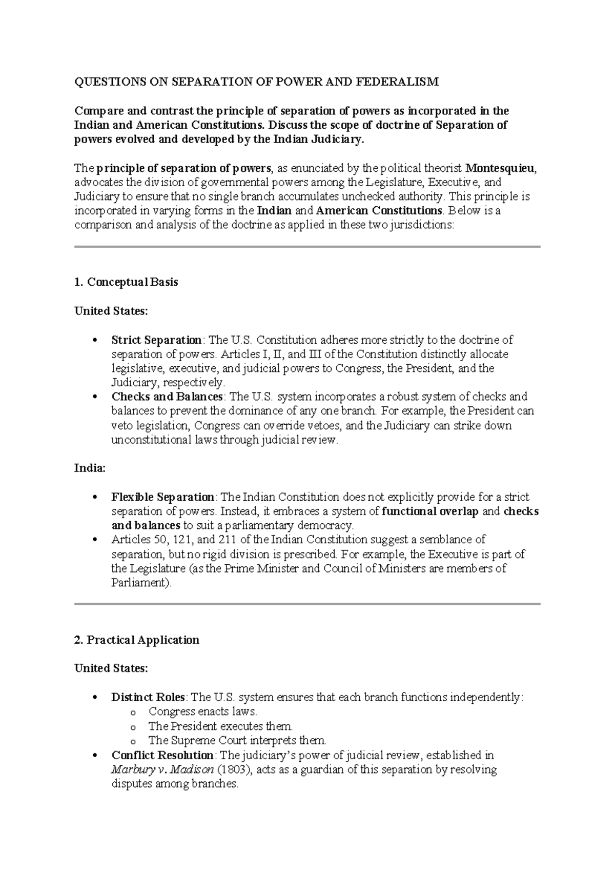 Questions ON Separation OF Power AND Federalism - QUESTIONS ON ...