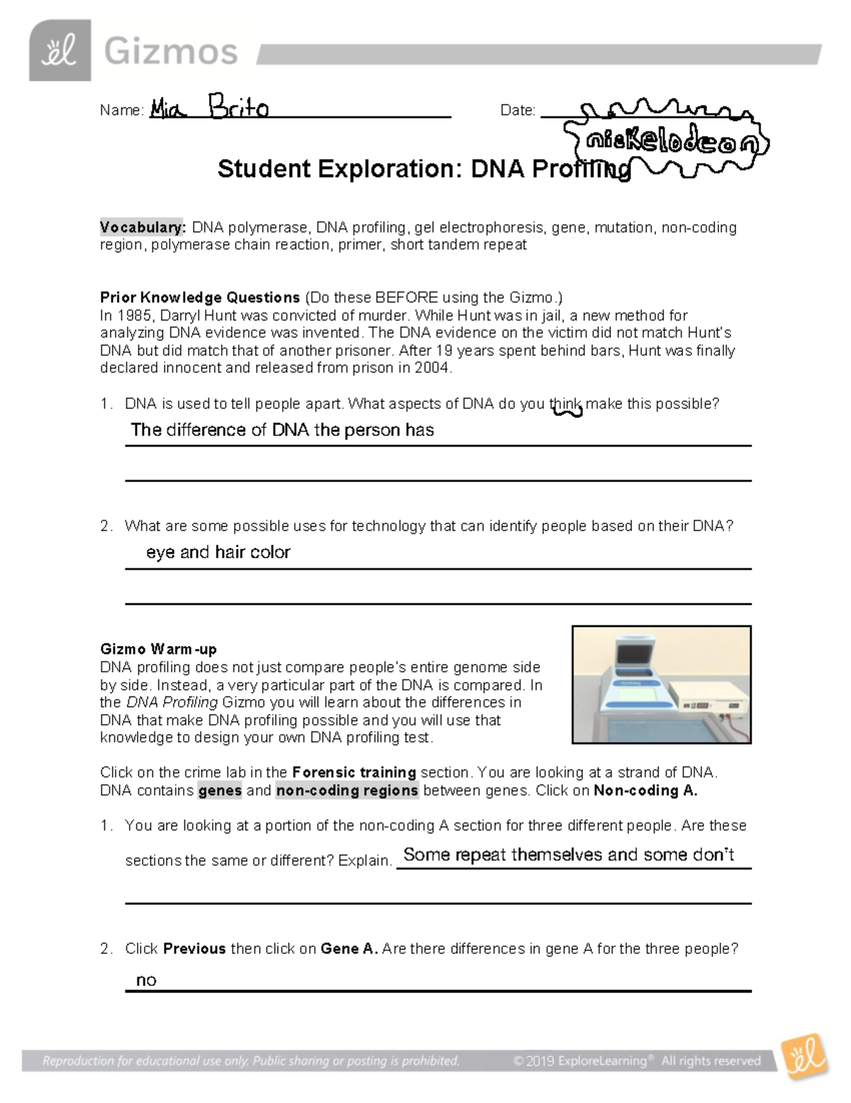 DNA Profiling Gizmos - Name: Date: Student Exploration: DNA Profiling ...