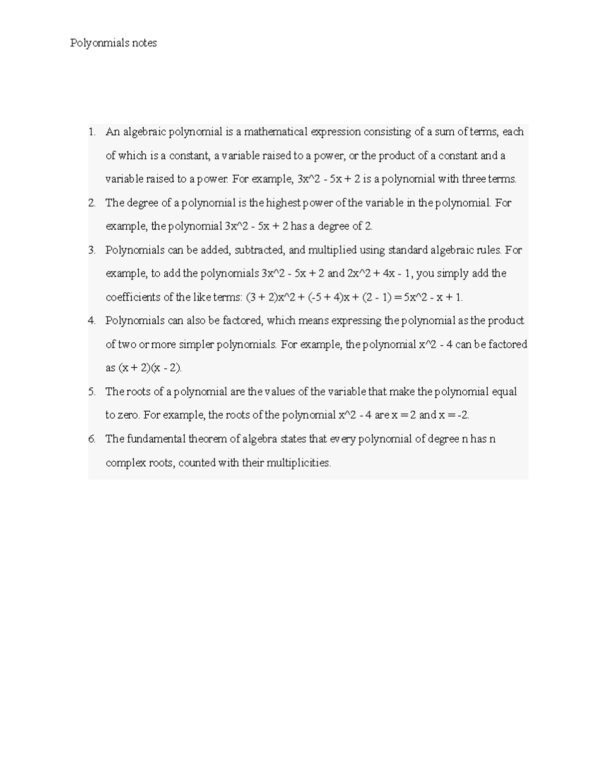 An algebraic polynomial notes - Polyonmials notes An algebraic ...