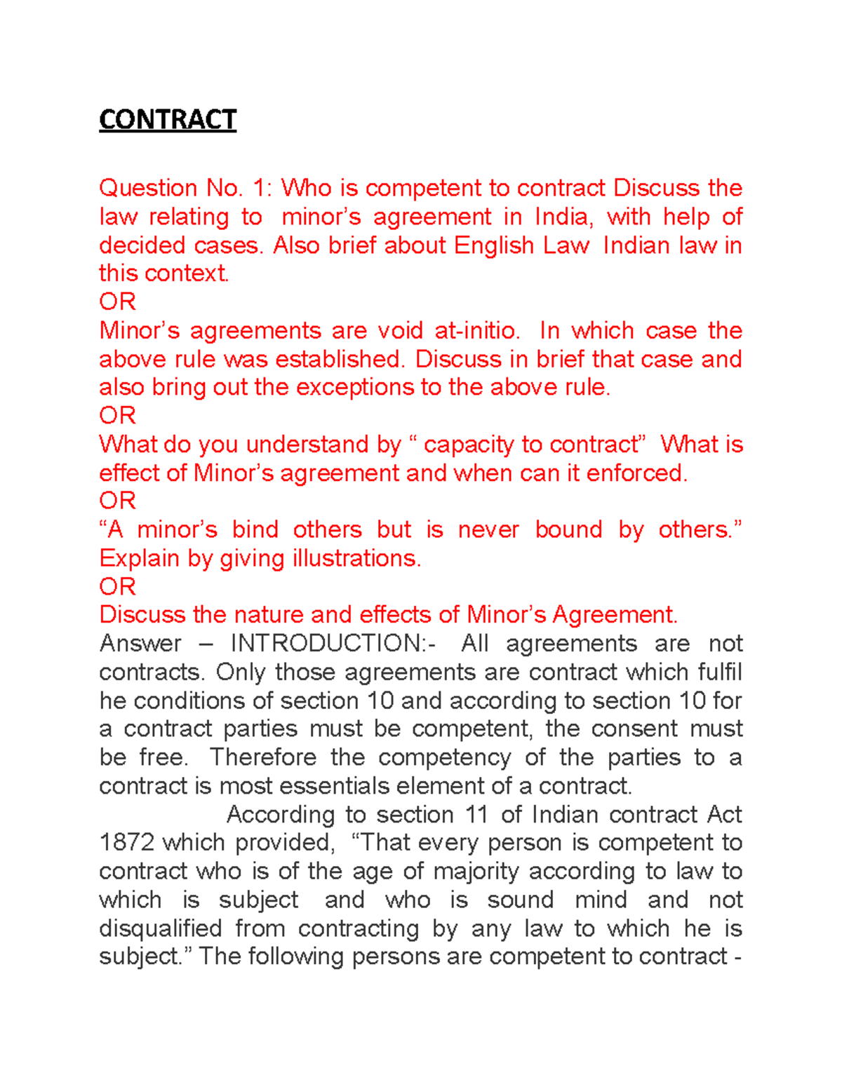 Contract Law with all Section and Sub-section - CONTRACT Question No. 1 ...