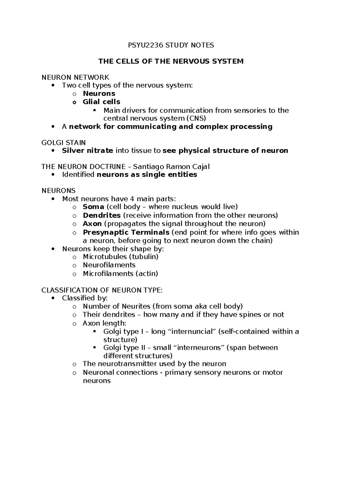 PSYU2236 Study Notes - PSYU2236 STUDY NOTES THE CELLS OF THE NERVOUS ...
