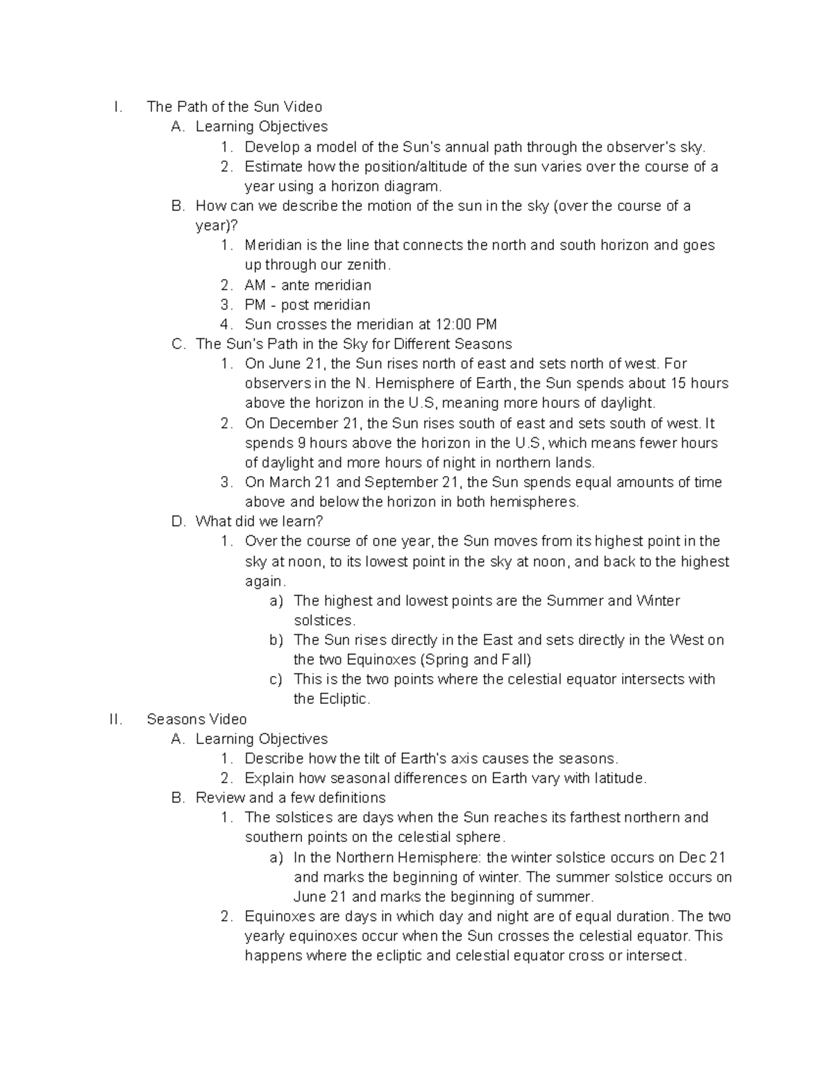 Module 3 Notes - I. The Path of the Sun Video A. Learning Objectives 1 ...