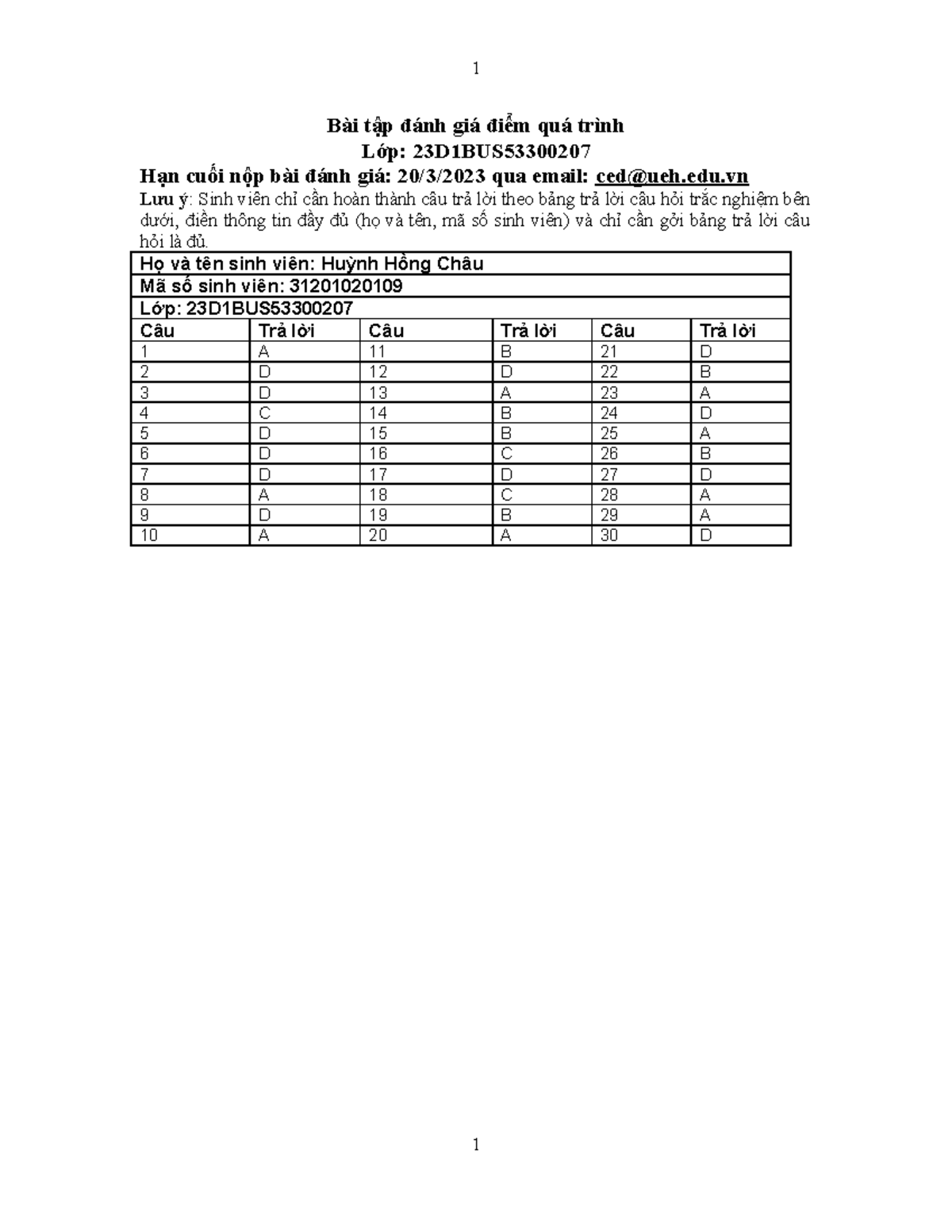 Huỳnh Hồng Châu 312010 20109 kiêmtraquatrinh 23D1BUS53300207 - 1 Bài ...