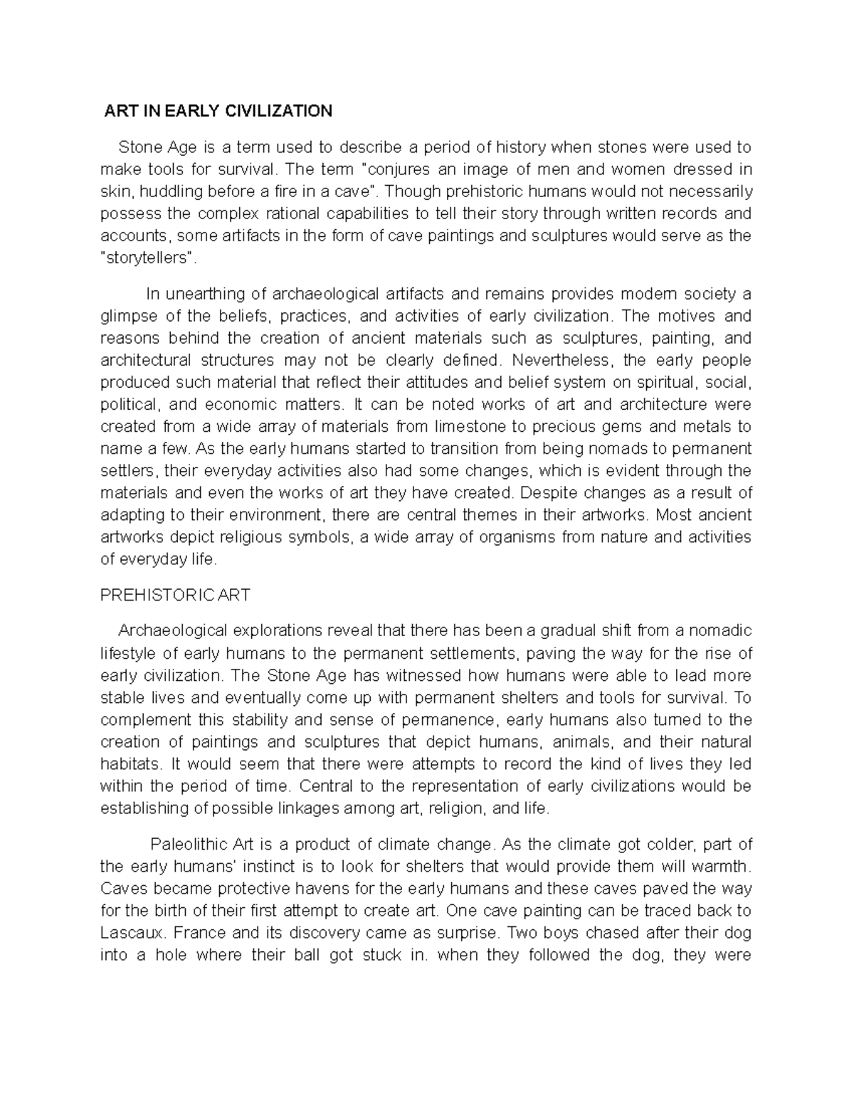 ART IN Early Civilization - ART IN EARLY CIVILIZATION Stone Age is a ...