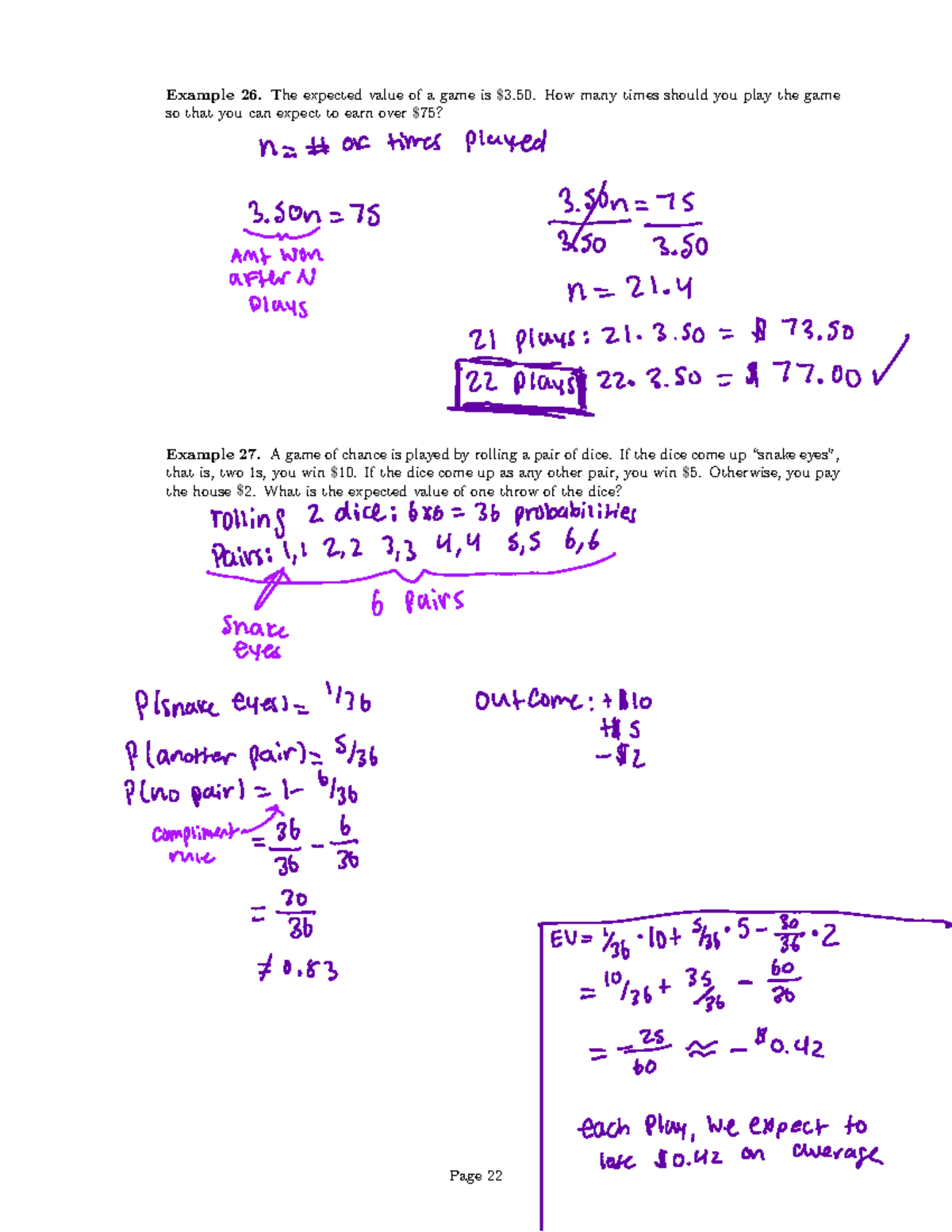 Probability theory + counting principles 22 - Example 26. The expected value of a game is 3. How ...