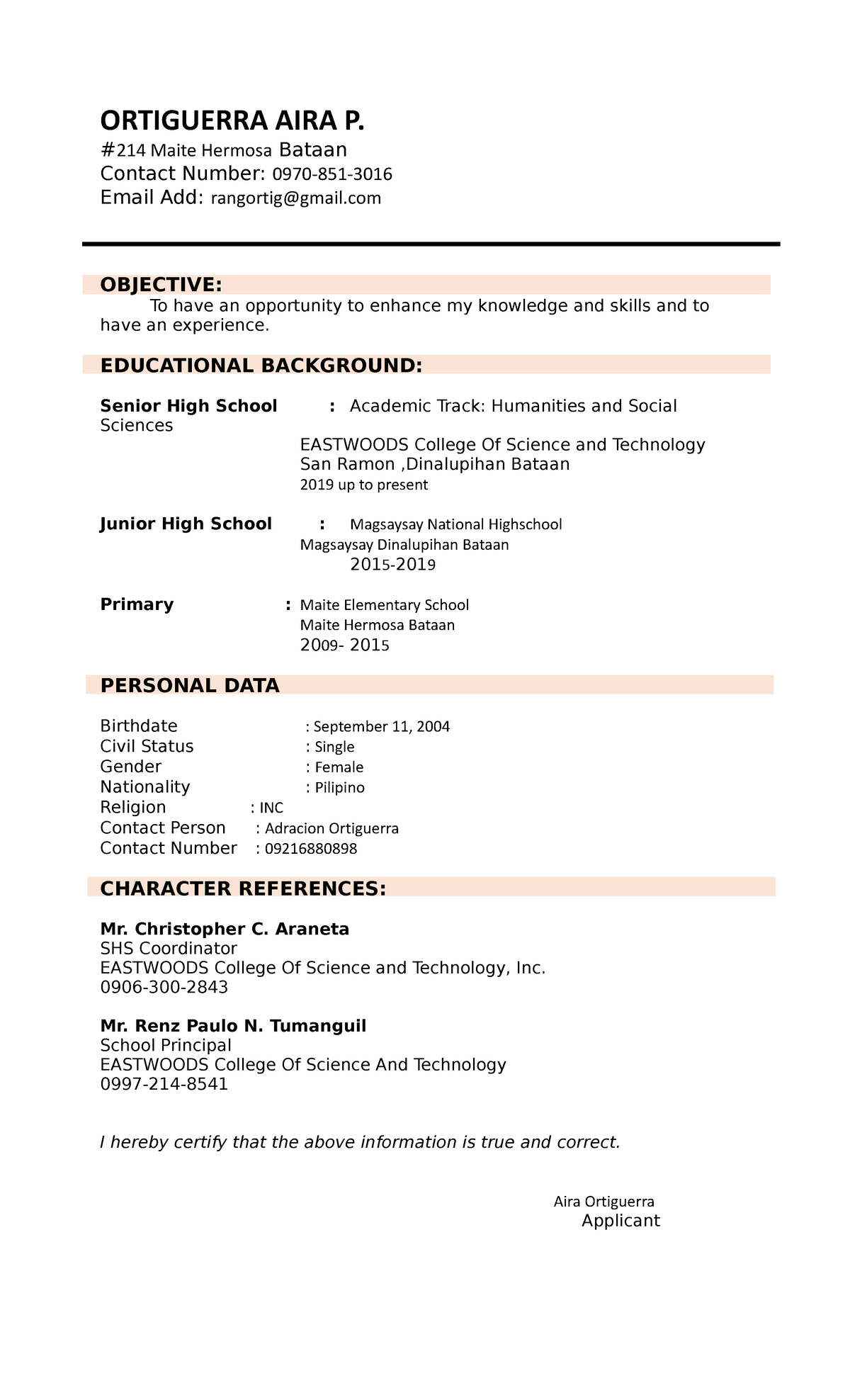 Sample-Resume-1 - A sample resume - ORTIGUERRA AIRA P. #214 Maite ...