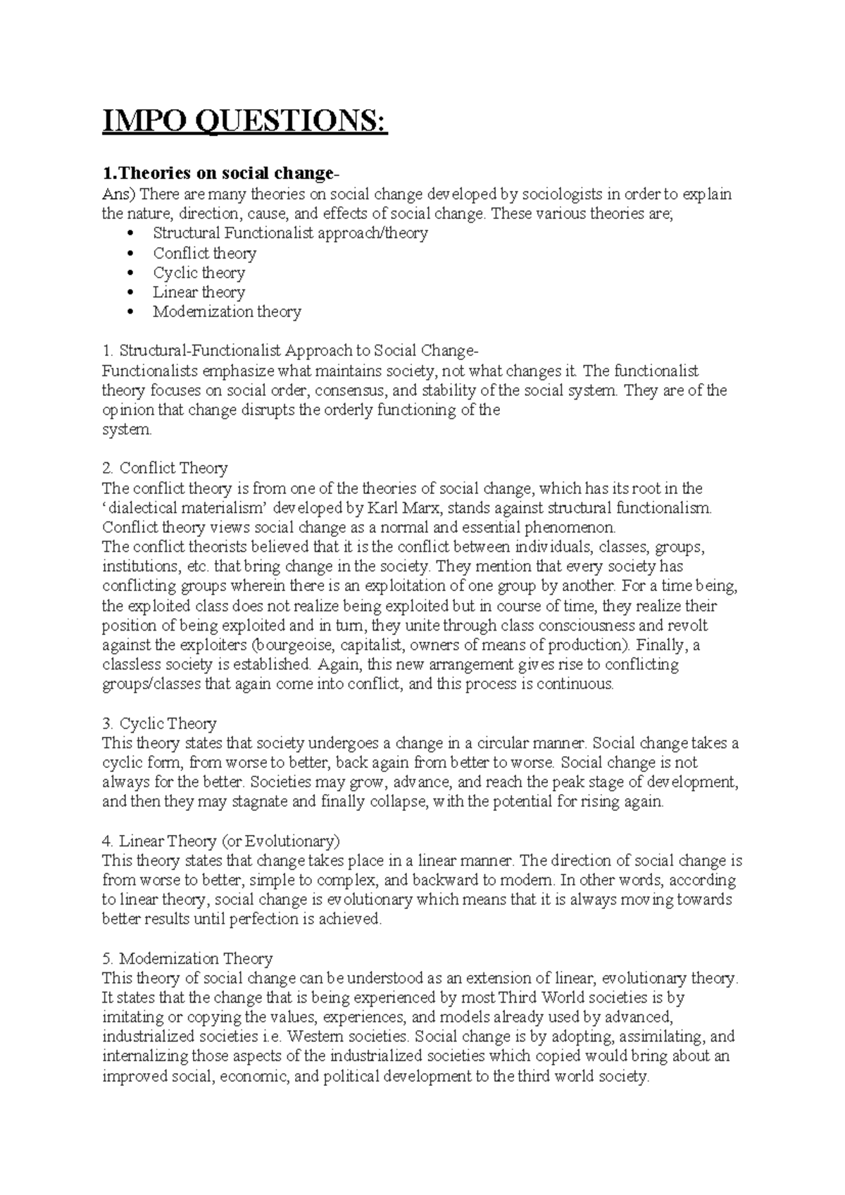IMPO Questions sociology - IMPO QUESTIONS: 1 on social change- Ans ...