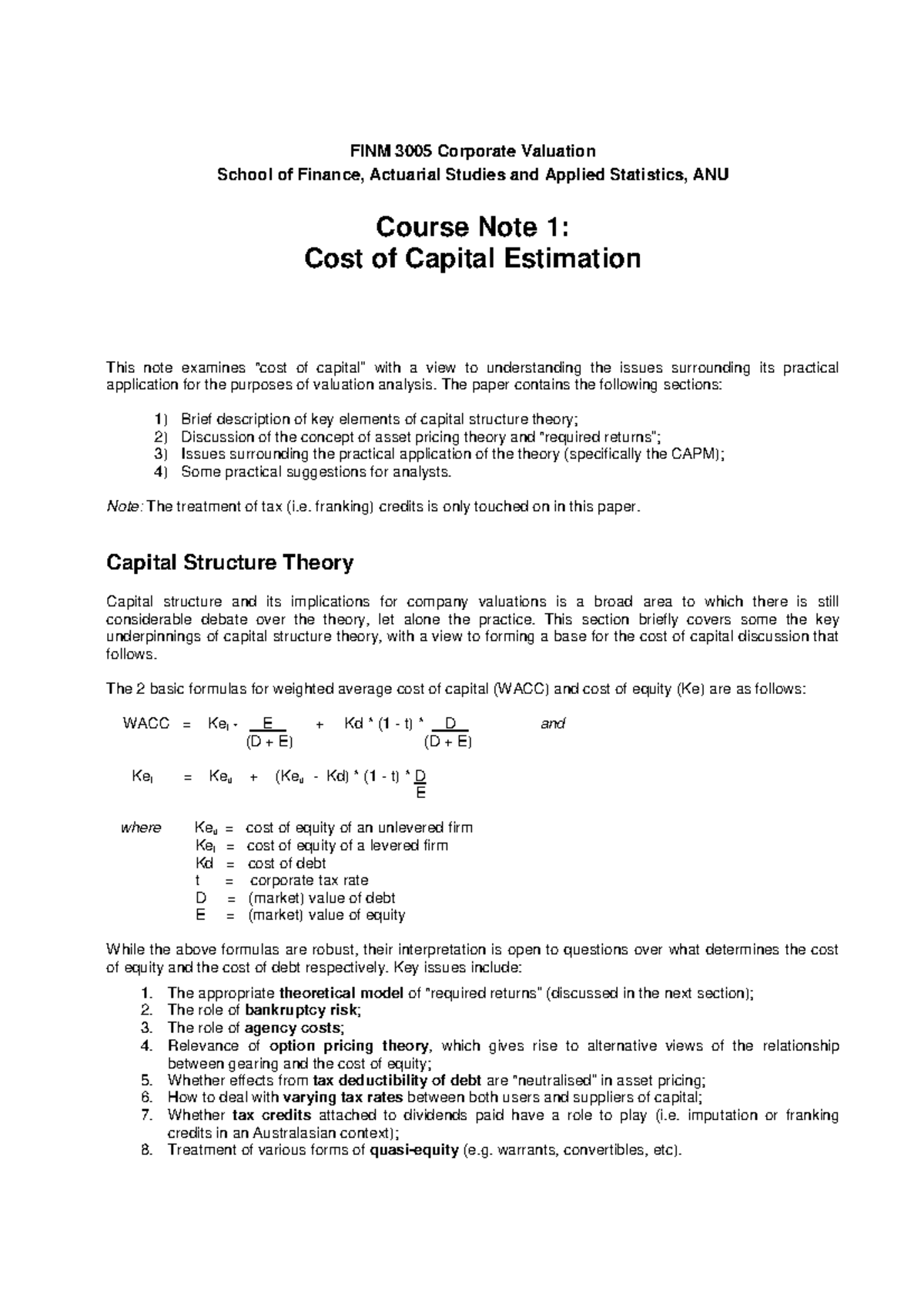 Corporate Valuation Course Note 1 - FINM 3005 Corporate Valuation ...