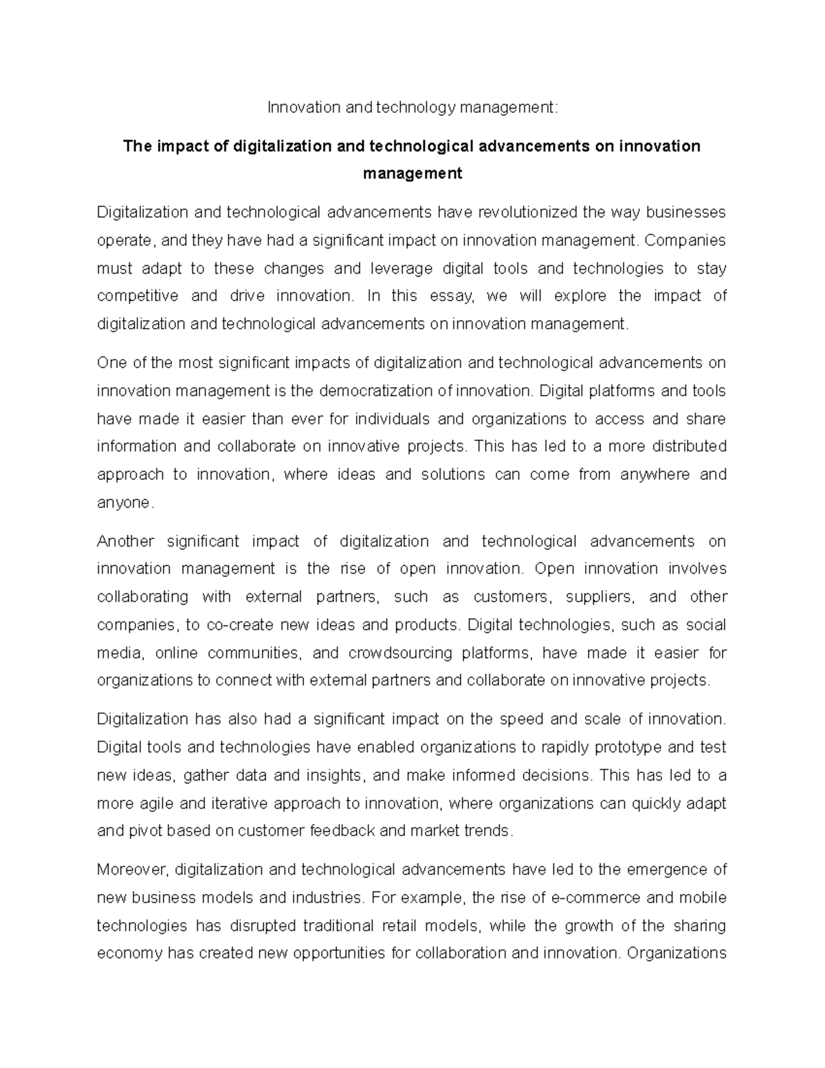 Innovation and technology management - The impact of digitalization and ...