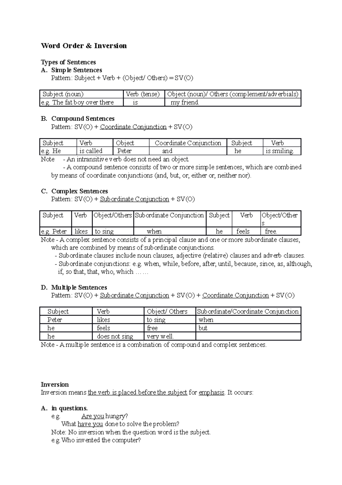 Word Order and Inversion - Word Order Inversion Types of Sentences A ...