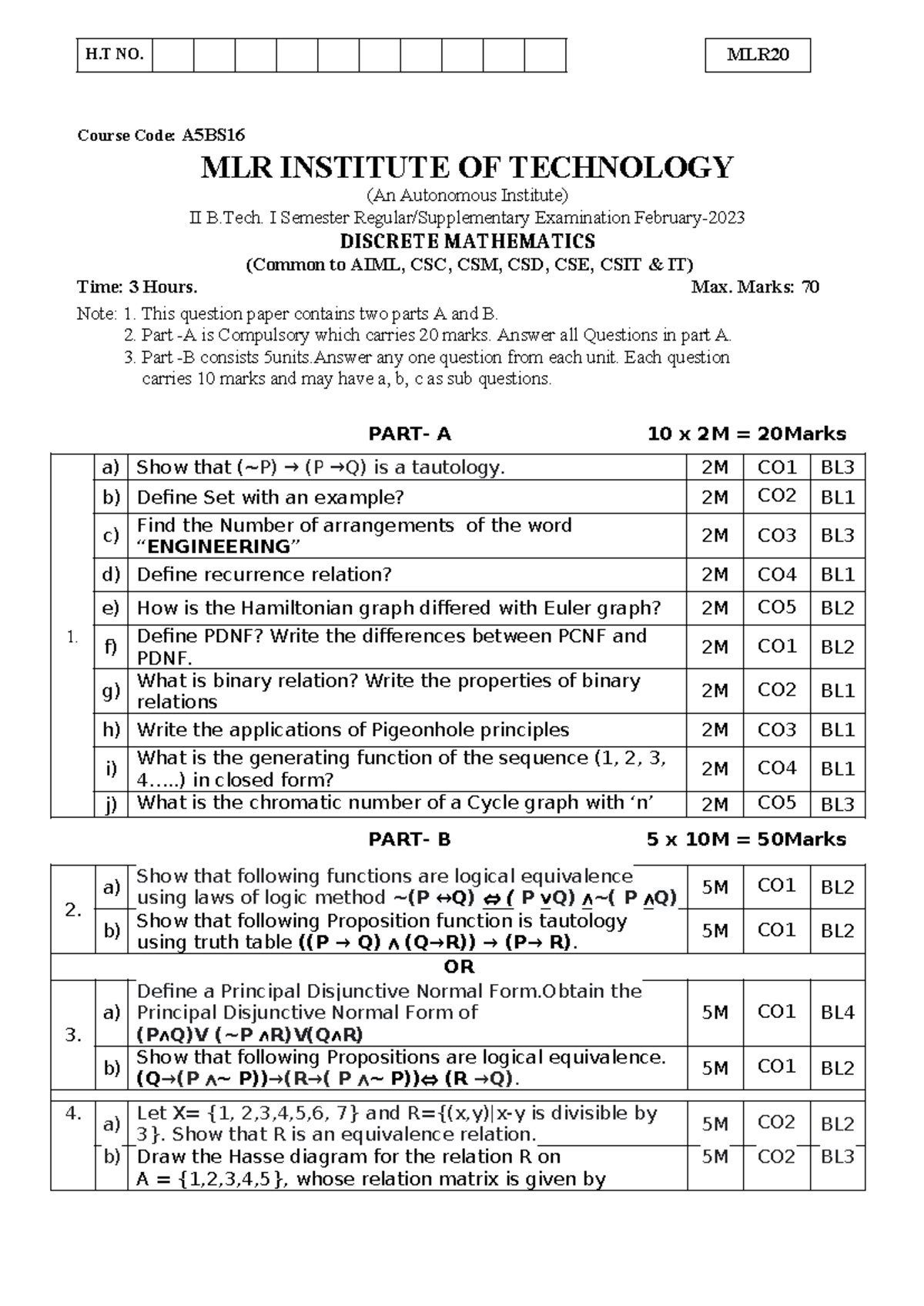 Discrete Strucutre - Previous year questions - H NO. MLR Course Code ...