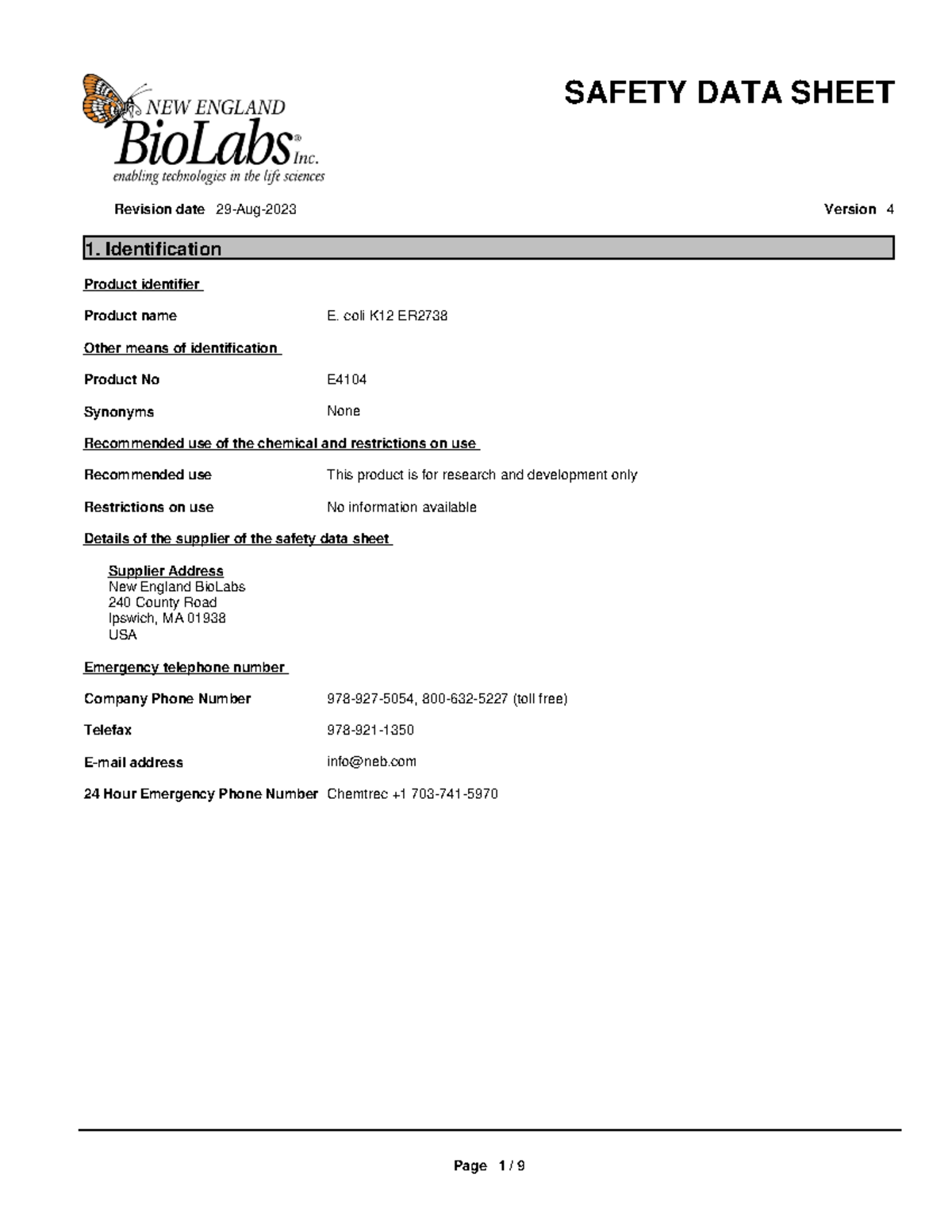 MSD van E. coli - SAFETY DATA SHEET Revision date 29-Aug-2023 Version 4 ...