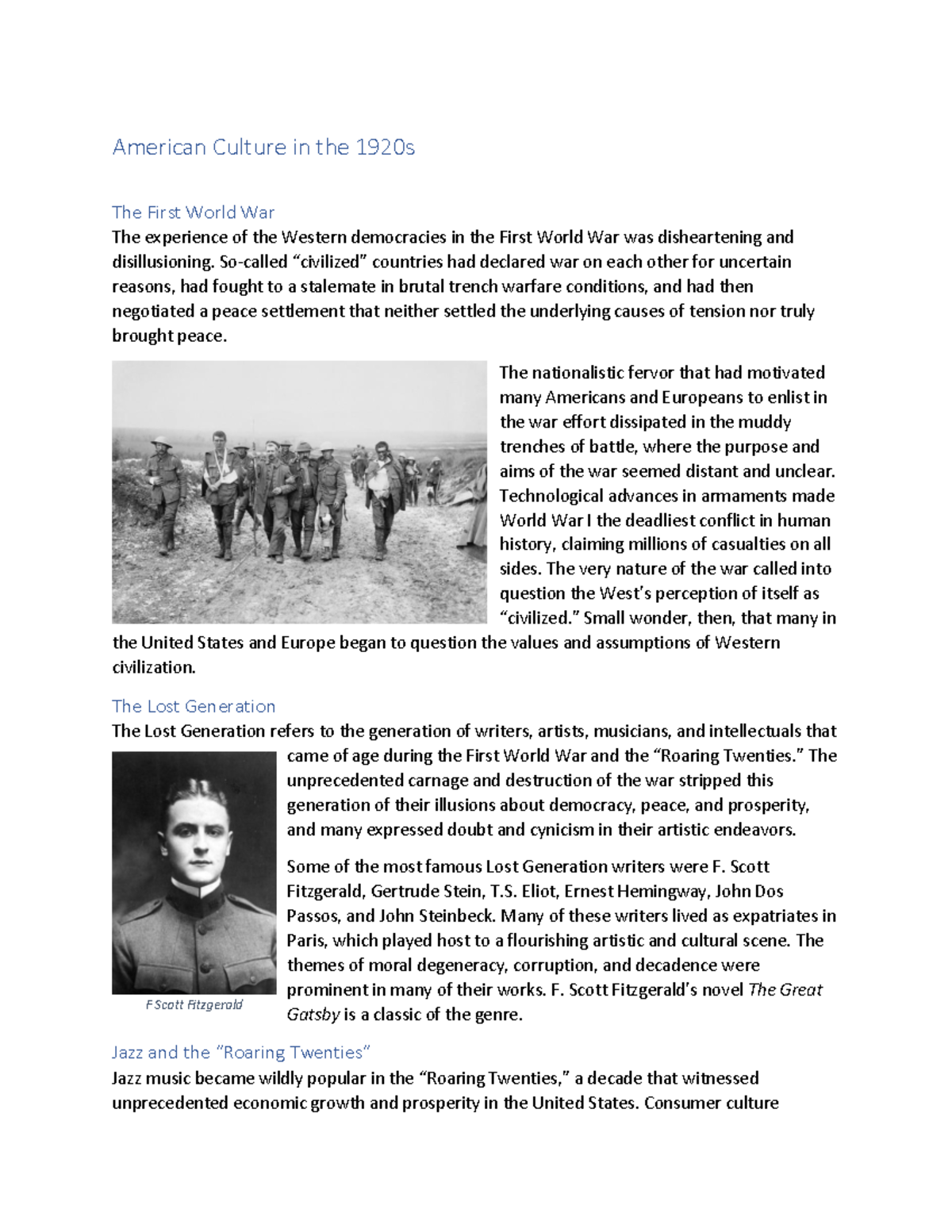 Assignment 04 The Roaring 20s Handout - American Culture in the 1920s ...