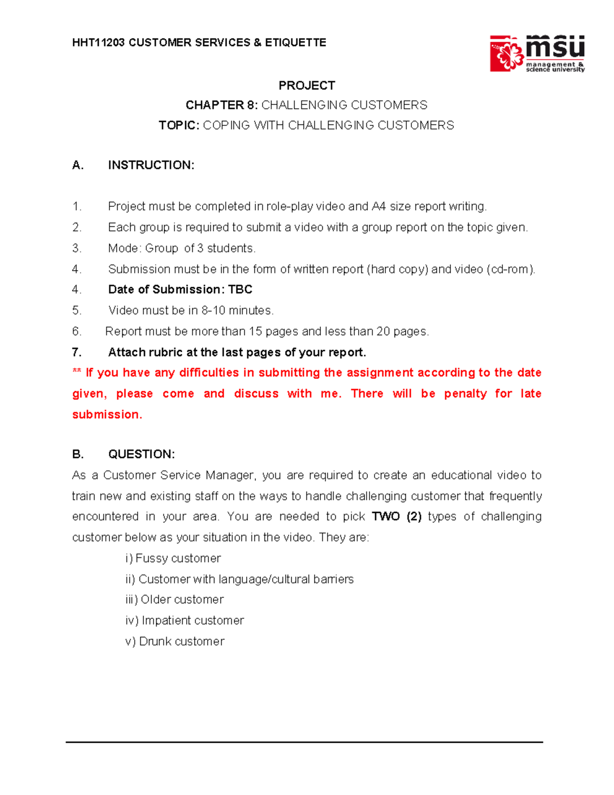 Ass project customer service - PROJECT CHAPTER 8: CHALLENGING CUSTOMERS ...