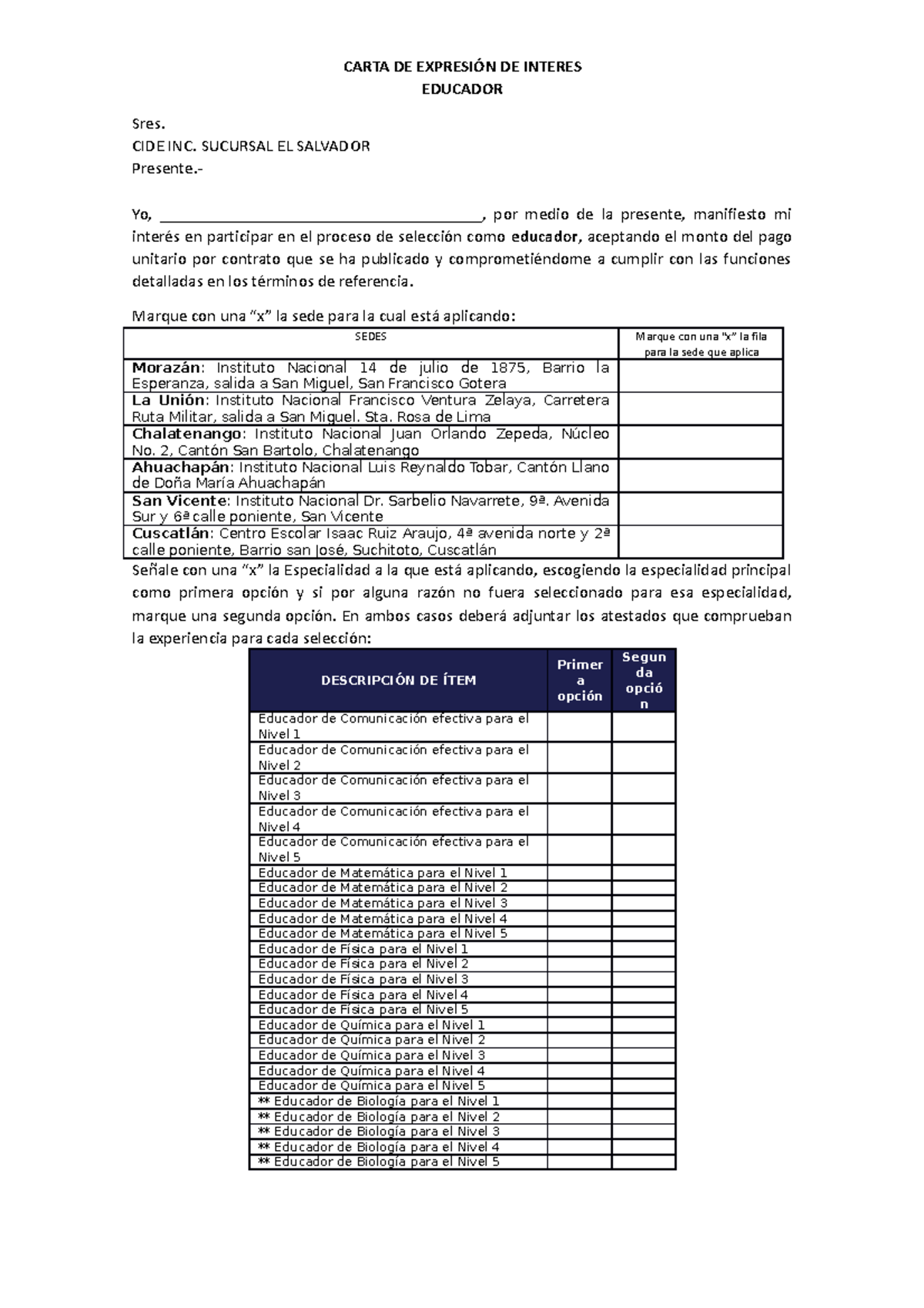 Carta DE Expresión DE Interes - EDUCADOR Sres. CIDE INC. SUCURSAL EL ...